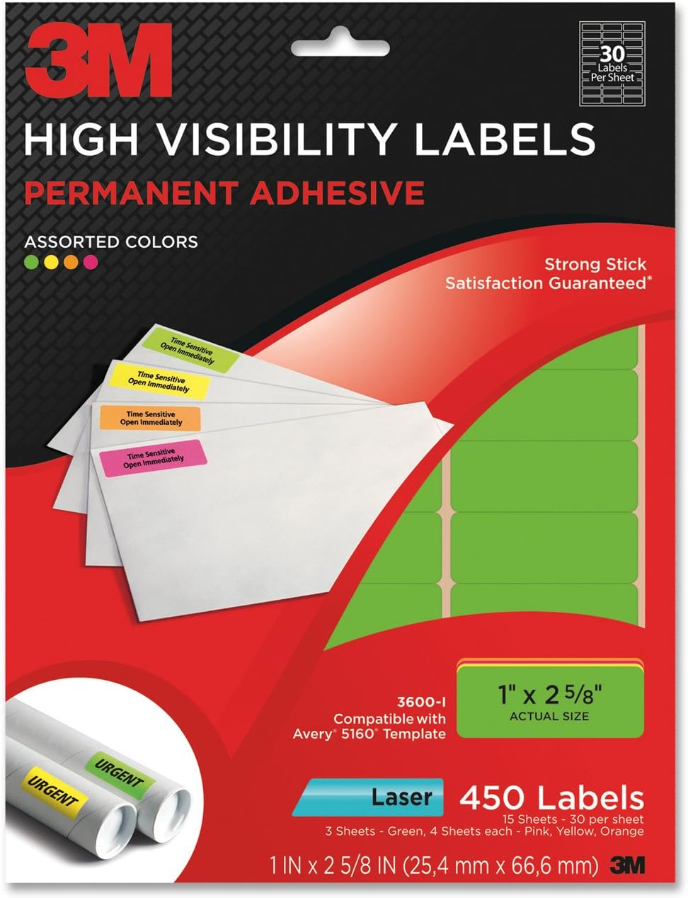 3M Permanent Adhesive High Visibility Labels, 1 x 2.62 Inches, Neon ...