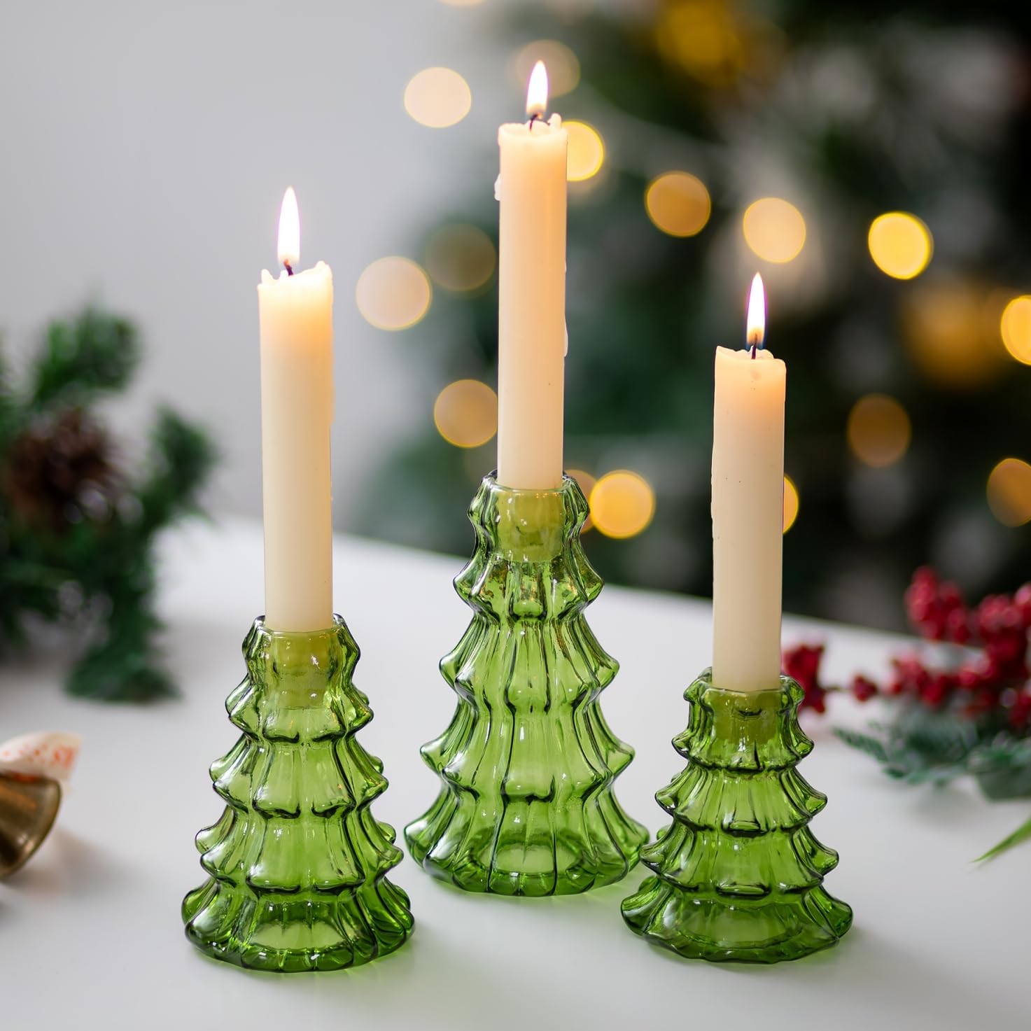 Glasseam Christmas Tree Candle Holders: Set of 3 Glass Candlestick ...