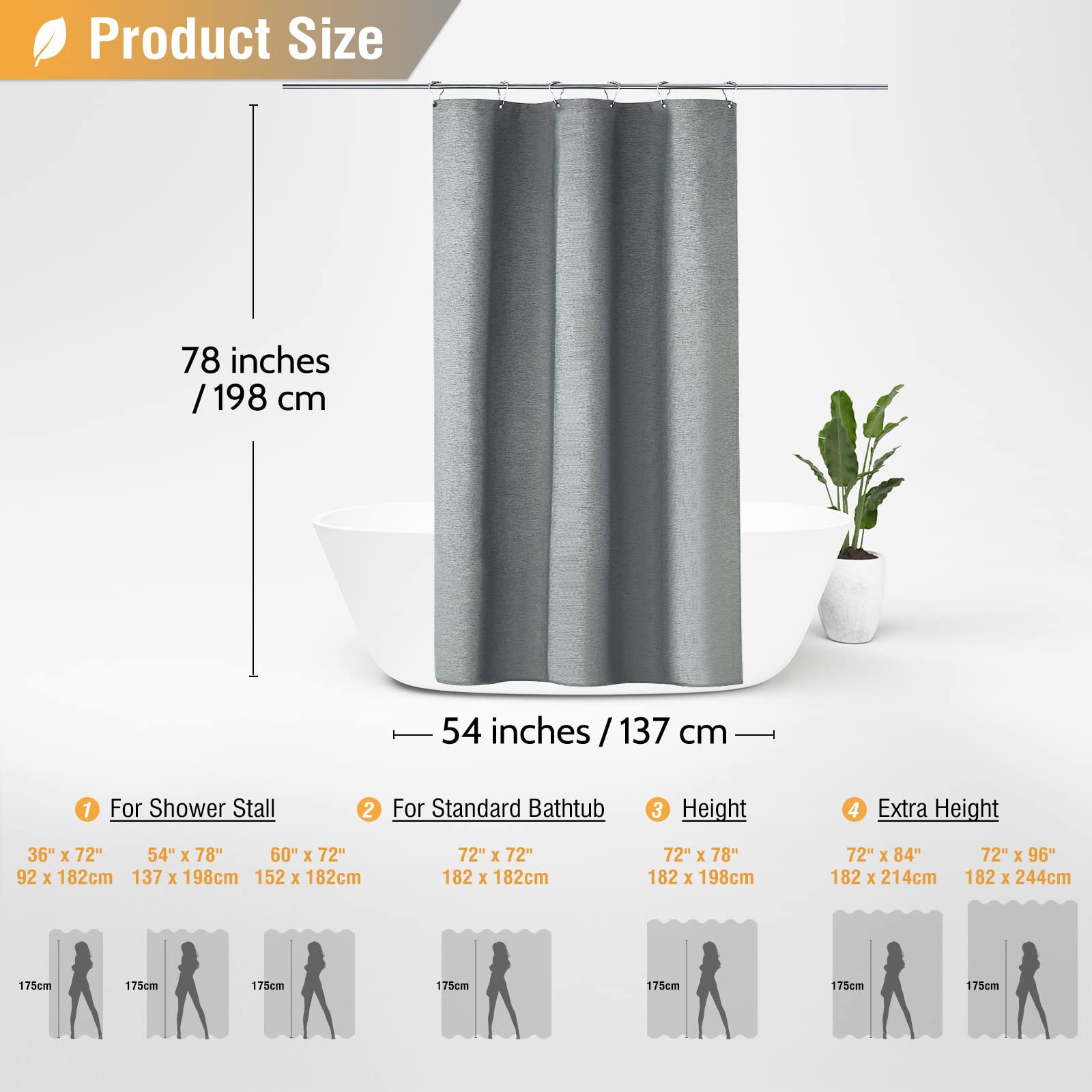 BTTN Stall Fabric Shower Curtain, 54x78 Inch Long Linen Textured Heavy Duty Small Cloth Shower ...
