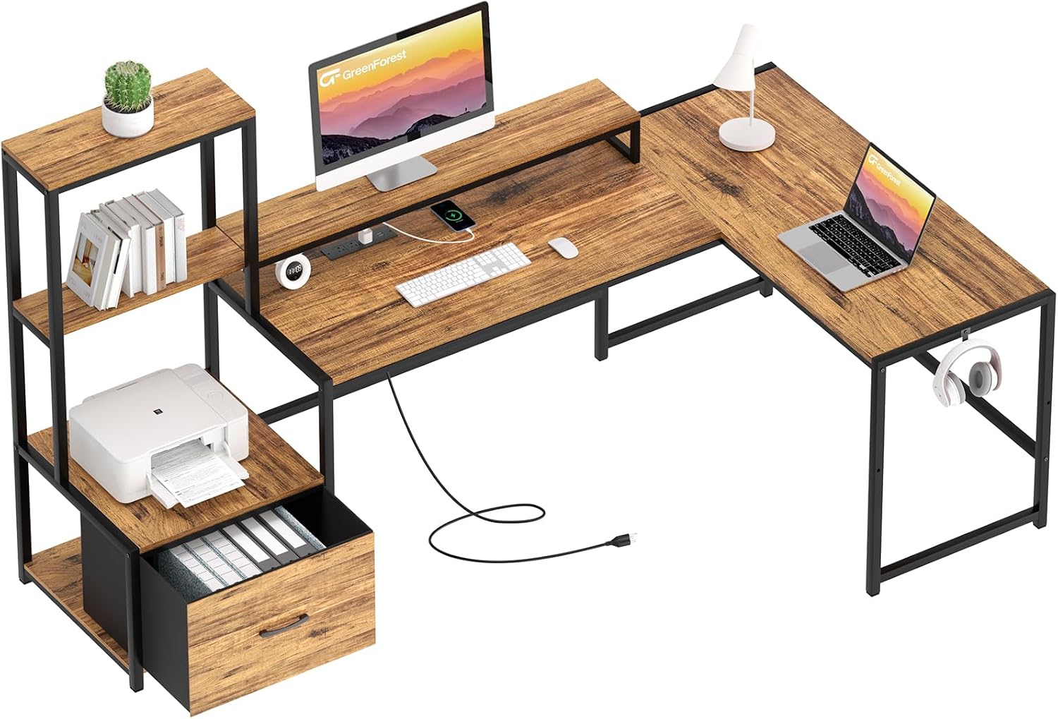 Amazon.com: GreenForest 70" L Shaped Desk with Power Outlets & Printer ...
