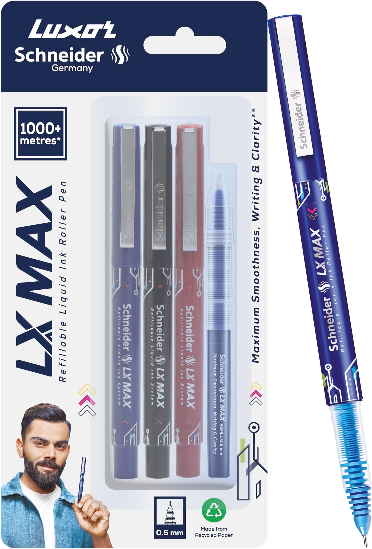 Luxor Schneider, LX MAX roller ball pen, Pack of 3-Blue+Black+Red+1 ...
