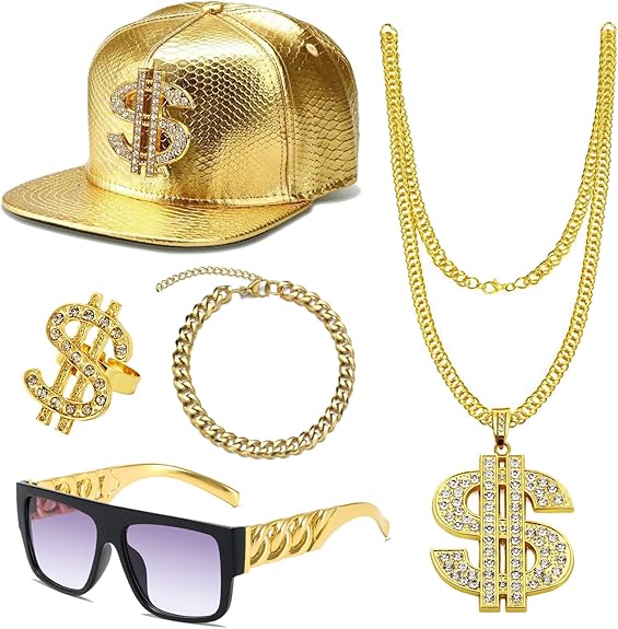 Amazon.com: FIRSAUKI Hip Hop Costume Kit Gold Rapper Hat Sunglasses ...