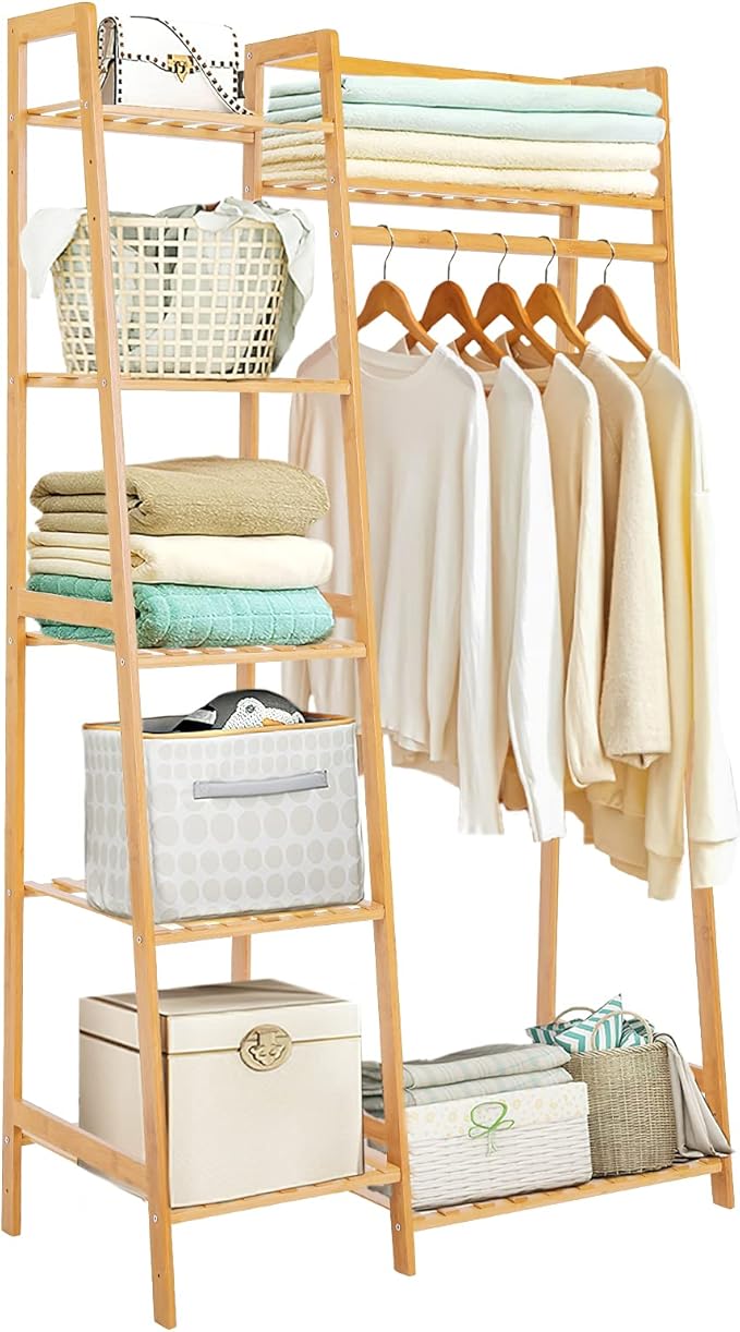 Amazon.com: Jotsport Bamboo Clothes Rack with 7 Tier Storage Shelves ...