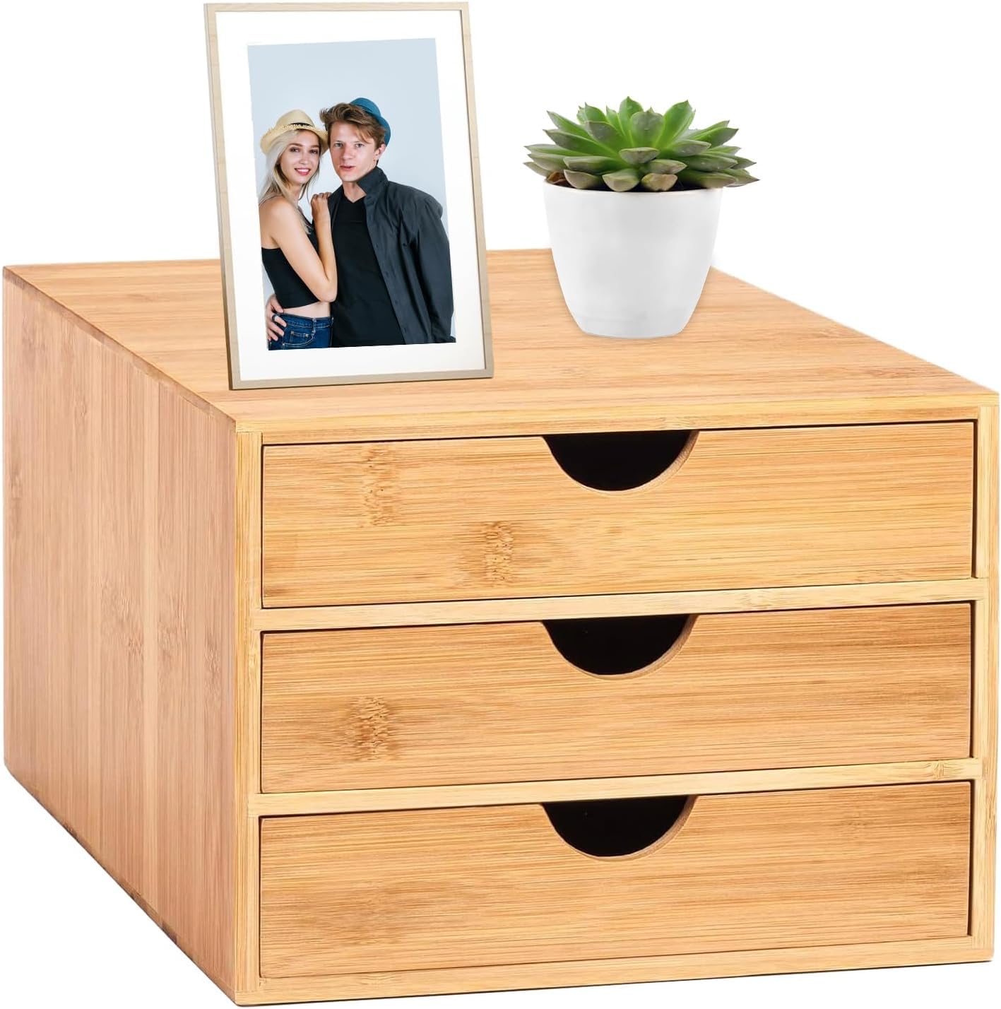 VIVAAS Bamboo Desk Top 3 Drawers Organiser Drawer Box With 3 Closed ...