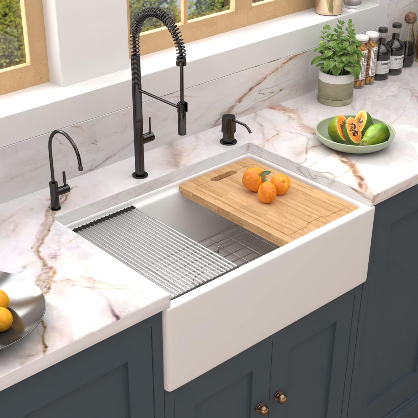 DunmoreHome 33 Inch Farmhouse Sink Workstation, cUPC, 33x20 Single Bowl ...