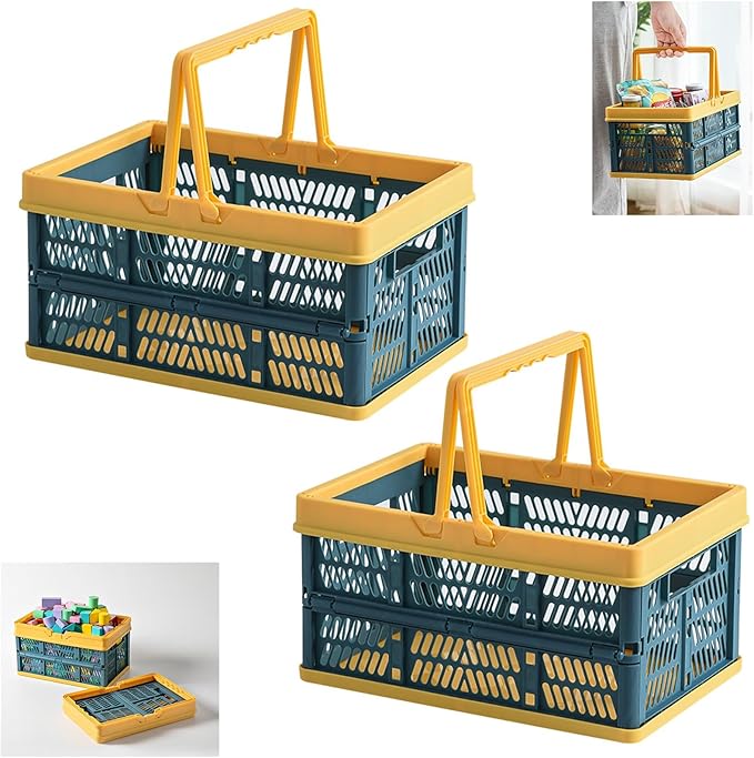 Ruucy 2 Pcs Collapsible Shopping Baskets with Handles, Stackable ...