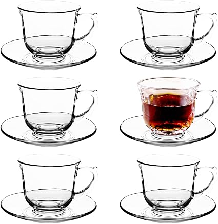 Amazon.com | binsakao Glass Tea Cups and Saucers Set of 6 - Glass ...