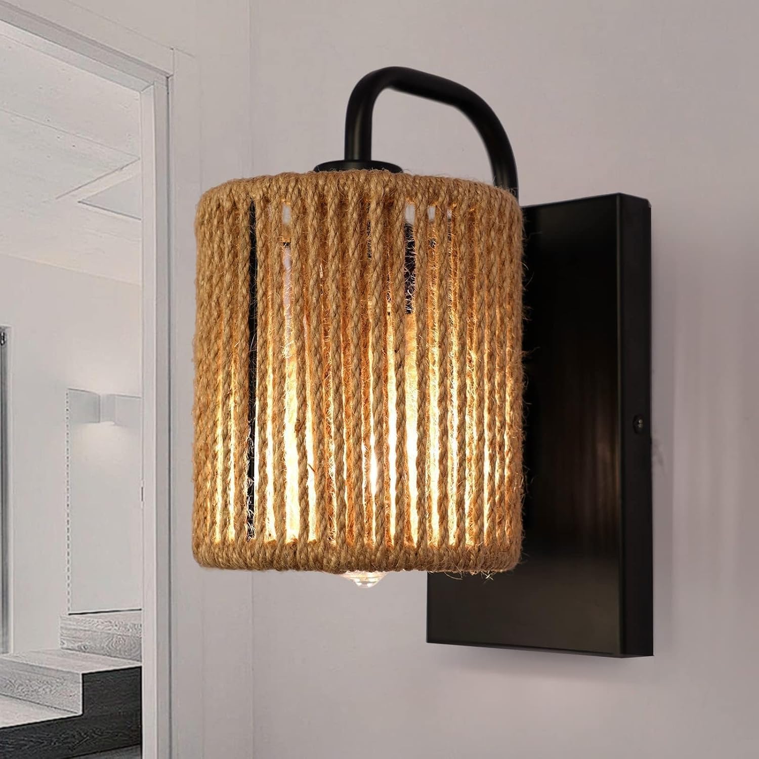 Wvsrbyr Rattan Wall Sconces, Boho Wall Lamp Bedside Lamps with Hemp ...