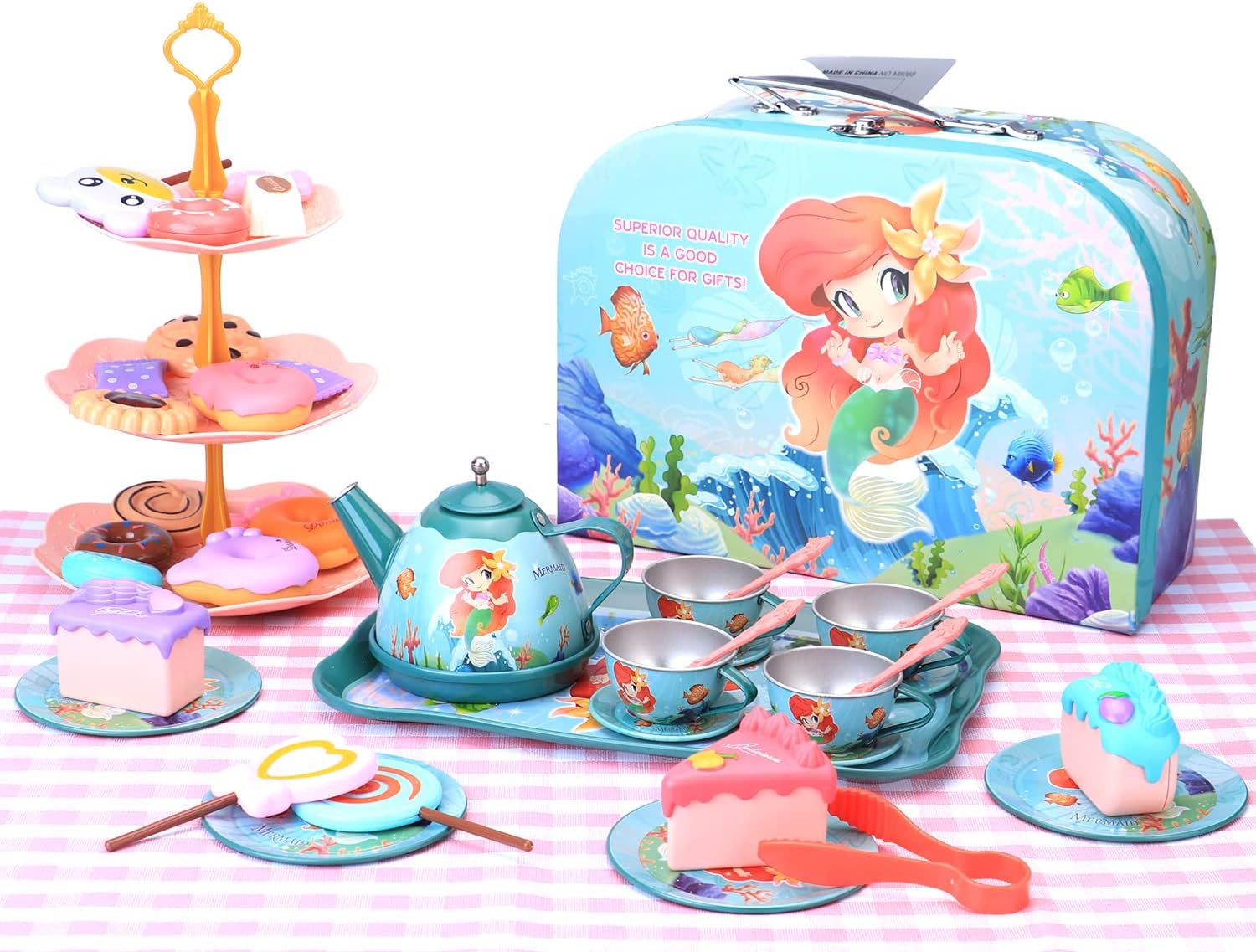 Amazon.com: 49PCS Tea Set for Little Girls, Pretend Purple Tin Teapot ...
