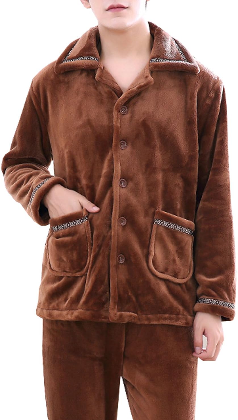 Only Faith Men Thincken V Collar Flannel Pajamas Long Sleeve Coral ...