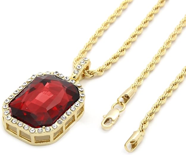 Mens 14k Gold Plated Iced Out Red Ruby Octagon Hip Hop Pendant with 3mm ...