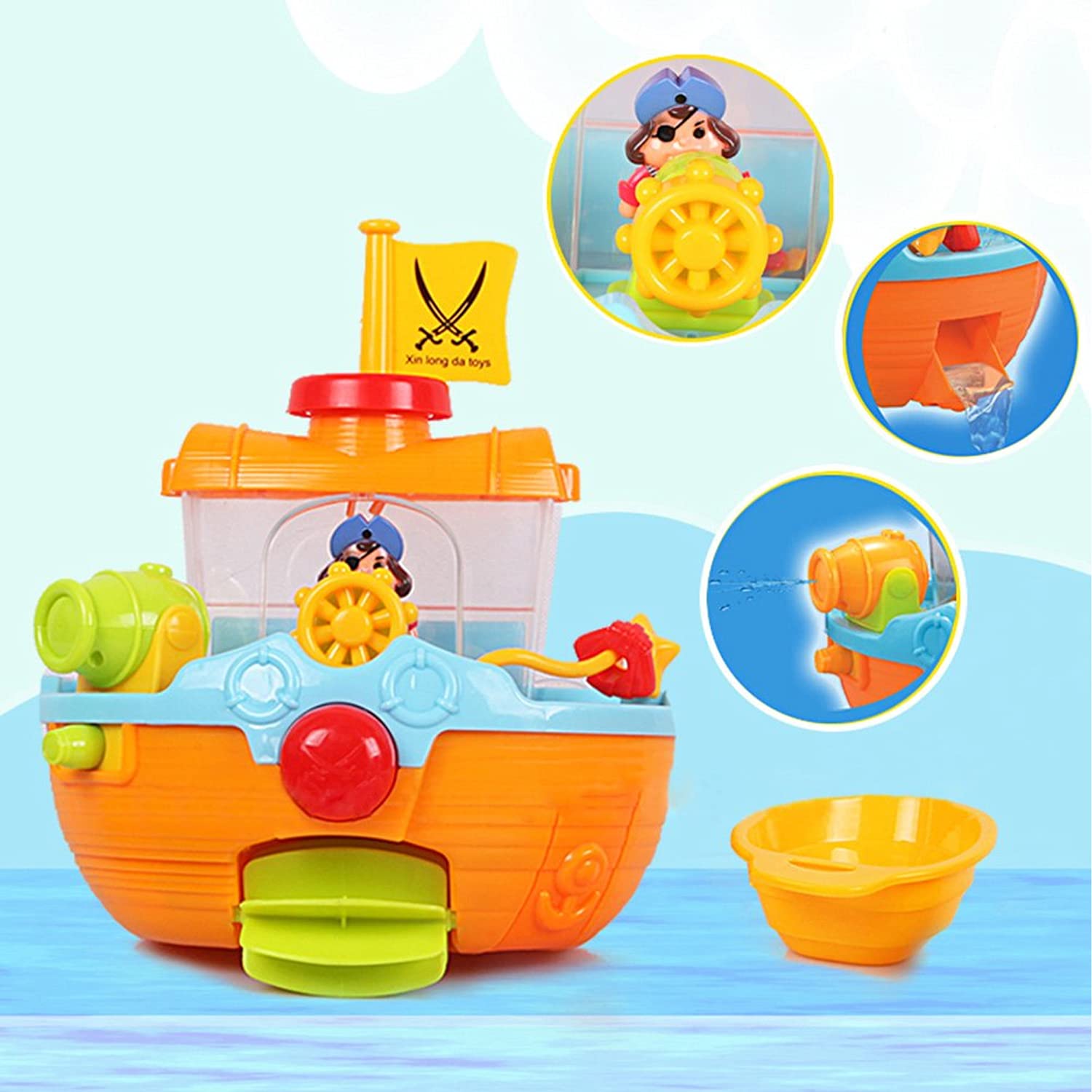Wall Mountable Pirate Ship Bath Tub Toy With Water Scoops Moveable