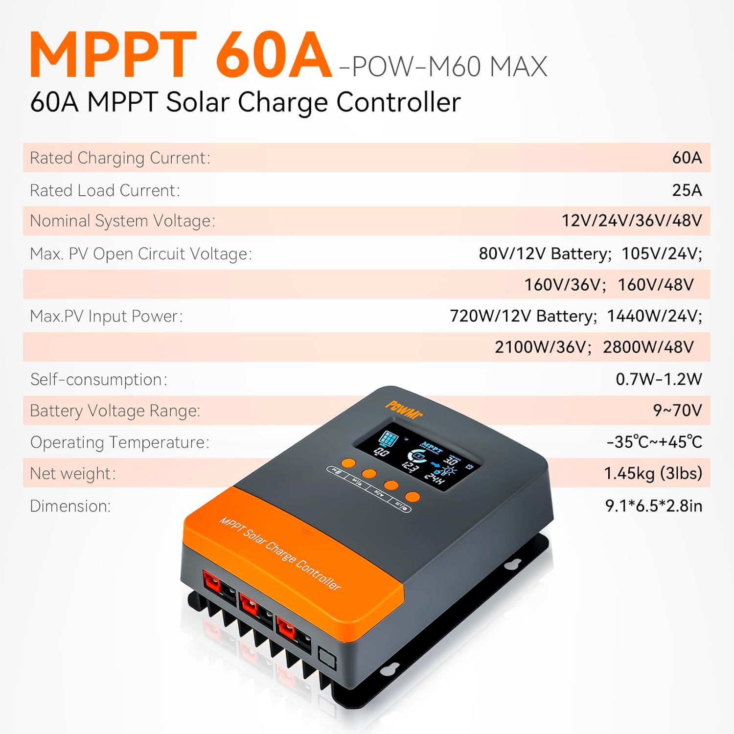 PowMr – Controlador de carga solar MPPT de 60 A, 12 V, 24 V, 36 V, 48 V ...