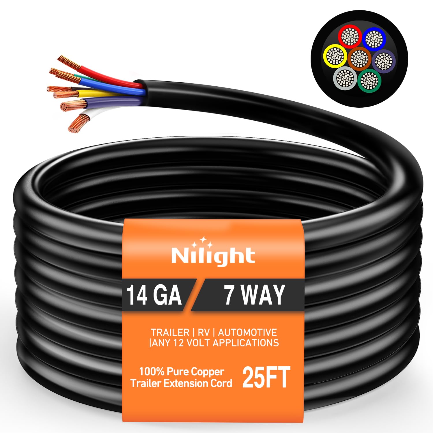 Nilight 25 Feet 7 Way Trailer Wire Extension Cable Traditional SAE 14 ...