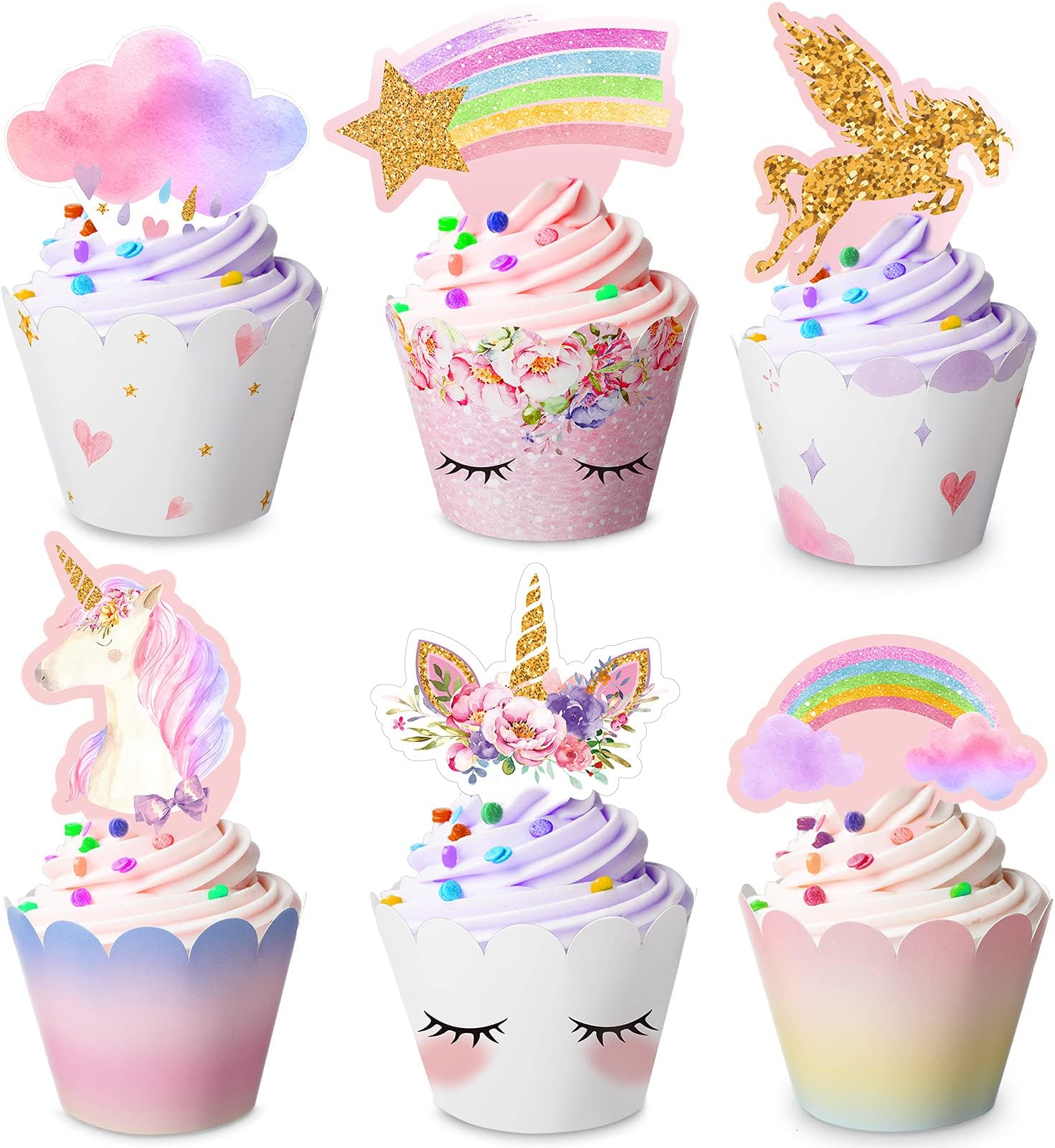 Amazon.com: Giuffi Set of 24 Golden Glitter Unicorn Horn Theme Cupcake ...