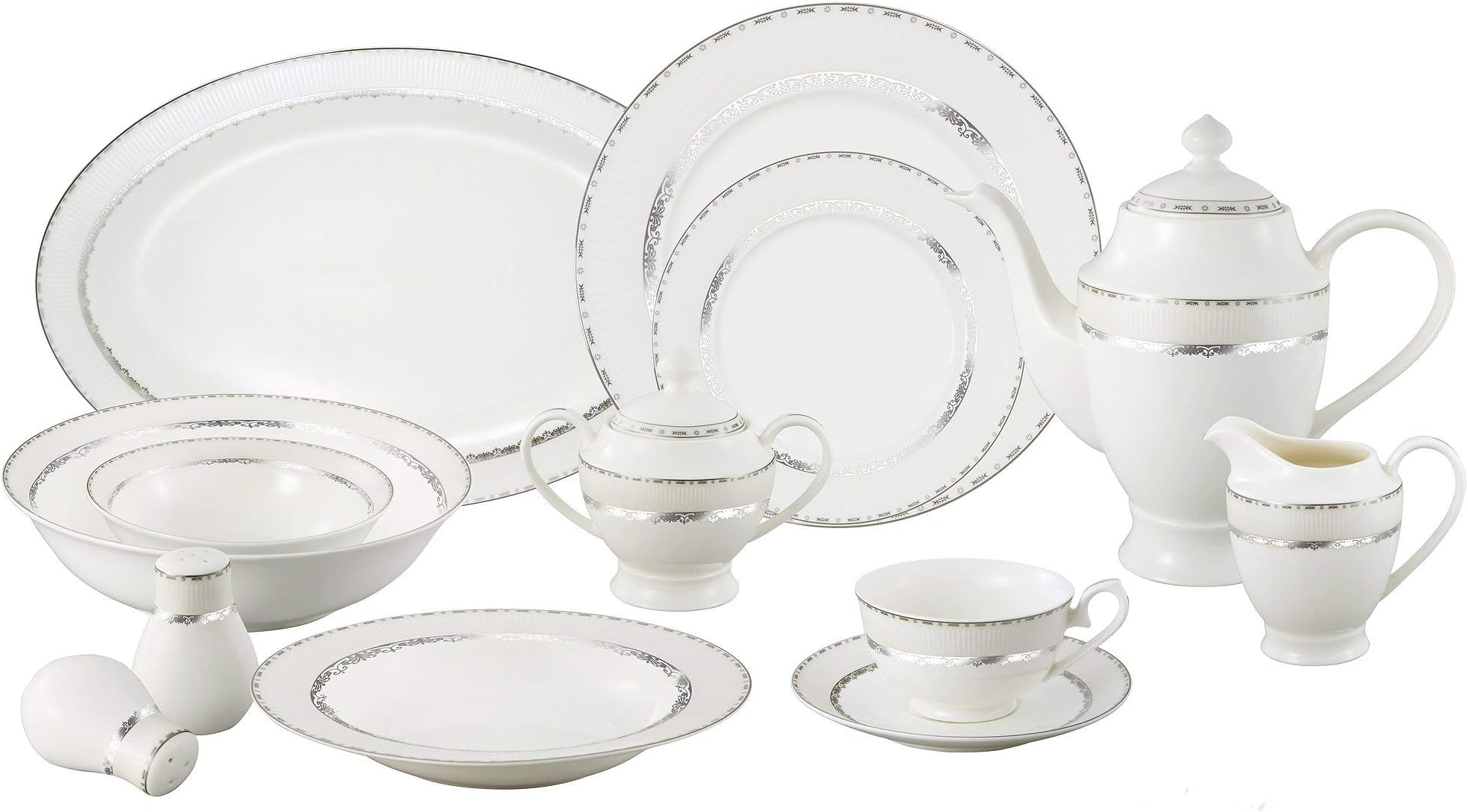 Amazon.com | Lorenzo 57 Piece Elegant Bone China Service for 8 Viola Dinnerware Sets, Silver ...