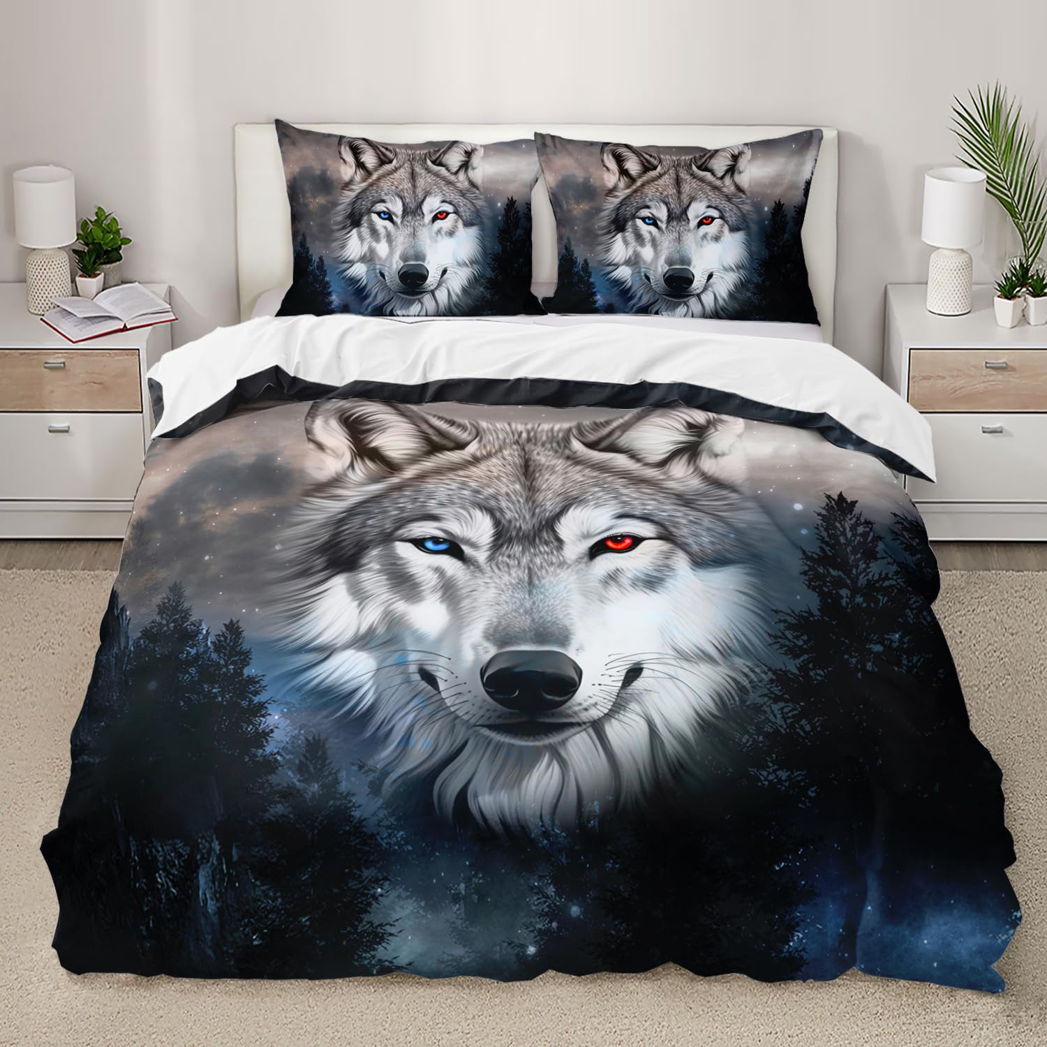 Amazon.com: AILONEN Snow Wolf Duvet Cover Set Full Size, Night Forest ...