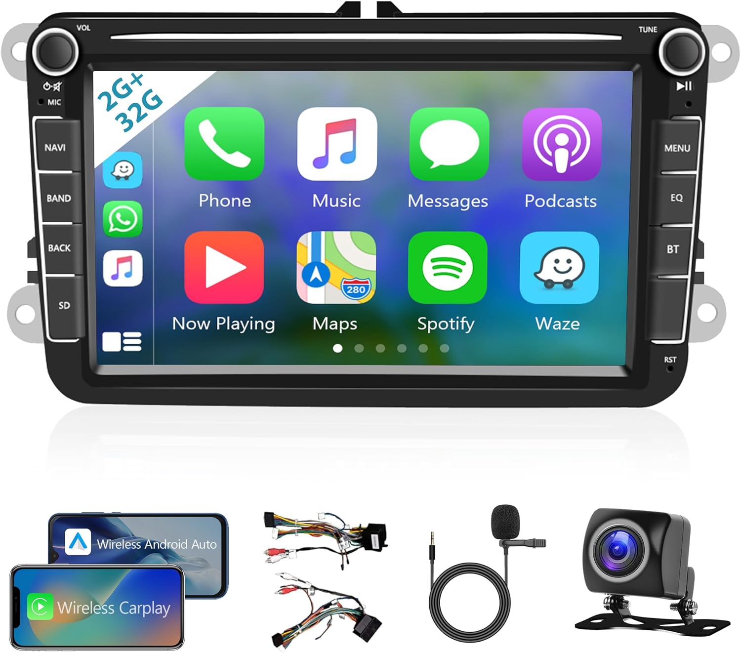 2G+32G Sans Fil Carplay Android 11 Autoradio pour VW Golf 5 6 Passat Polo Tiguan Touran Caddy ...