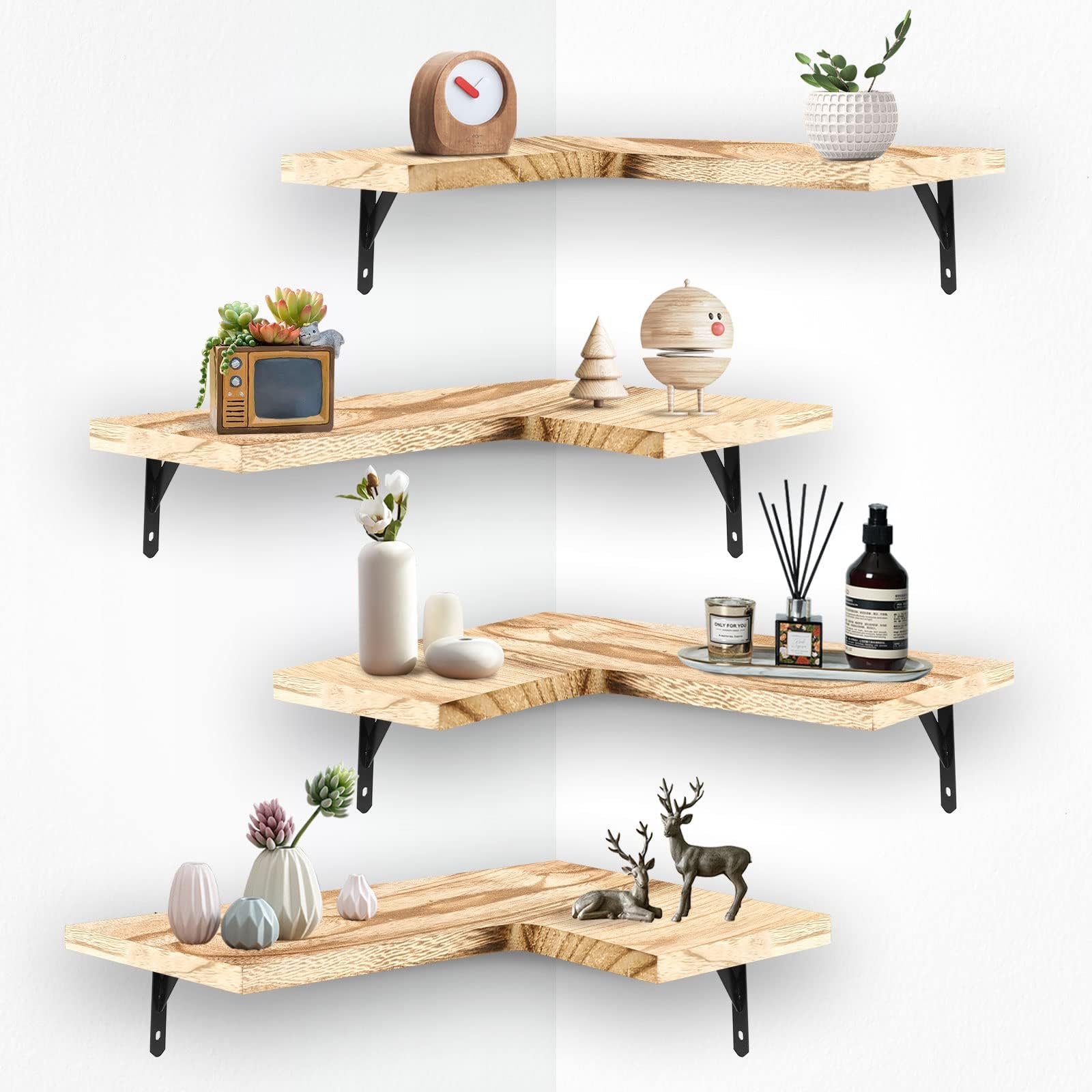 MUXHEL 4PCS Floating Corner Shelves, Wood Wall Shelves Rustic Wall ...