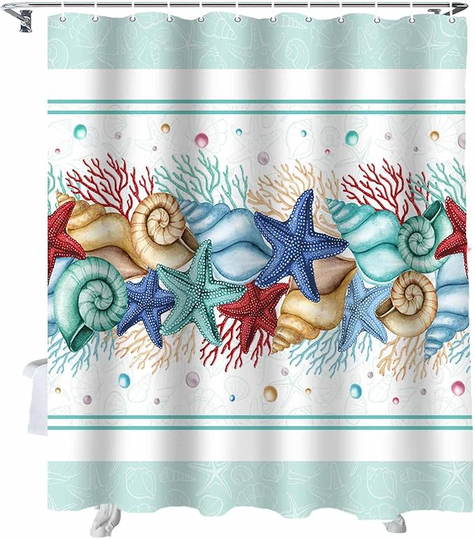 Amazon.com: Coastal Beach Shower Curtain, Nautical Ocean Seashell Coral ...
