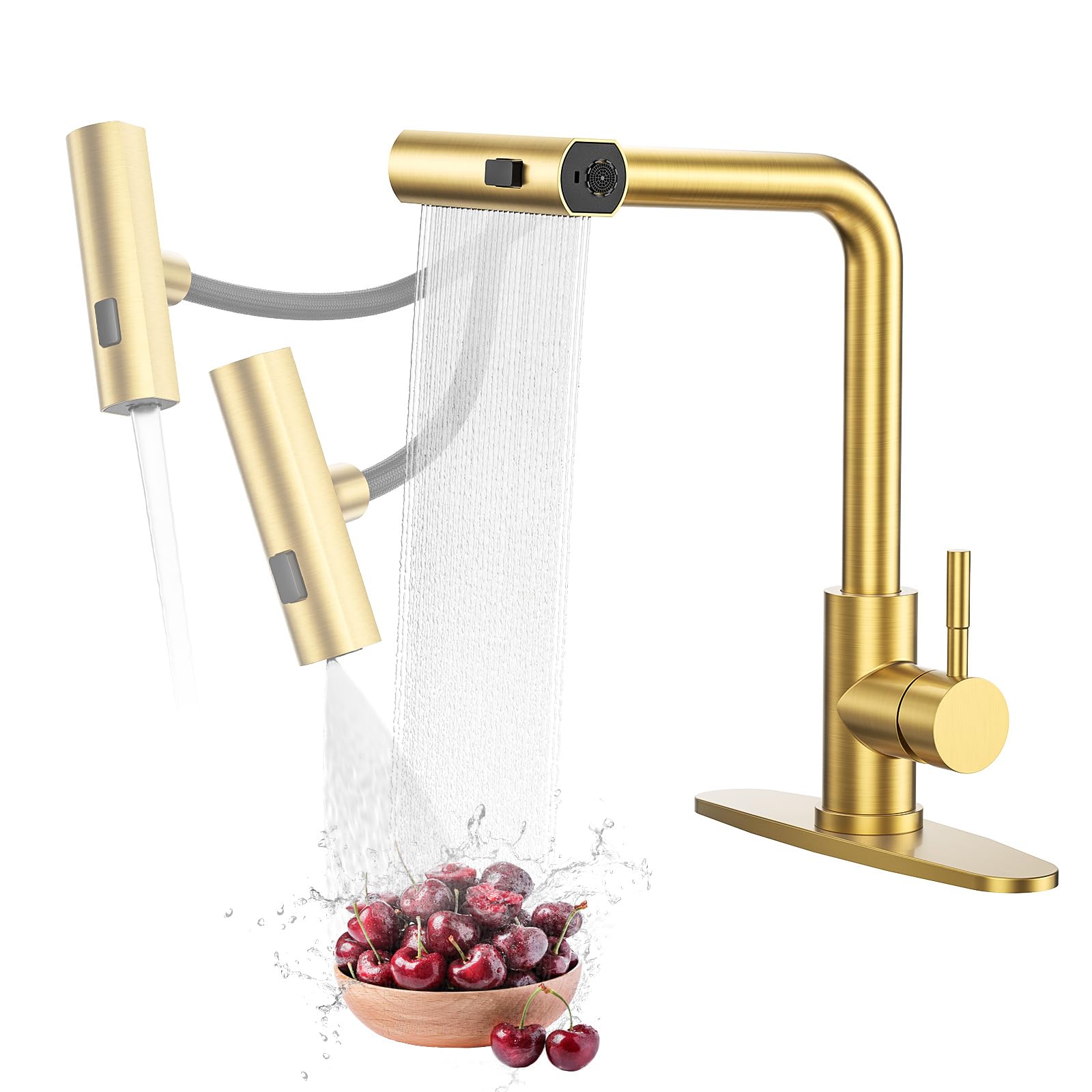 Waterfall Kitchen Sink Faucet with Sprayer: 3 Modes(Waterfall/Stream ...