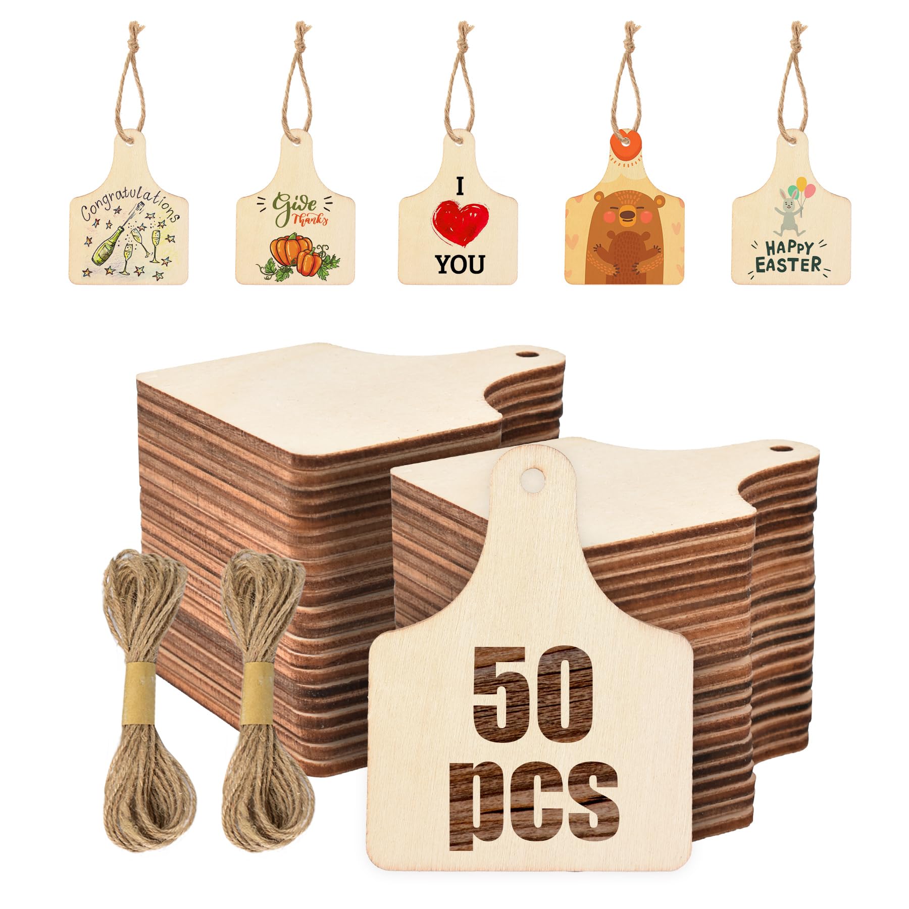 Amazon.com : Luckforest 50 Pcs Wooden Cow Ear Tags, Unfinished Wood ...