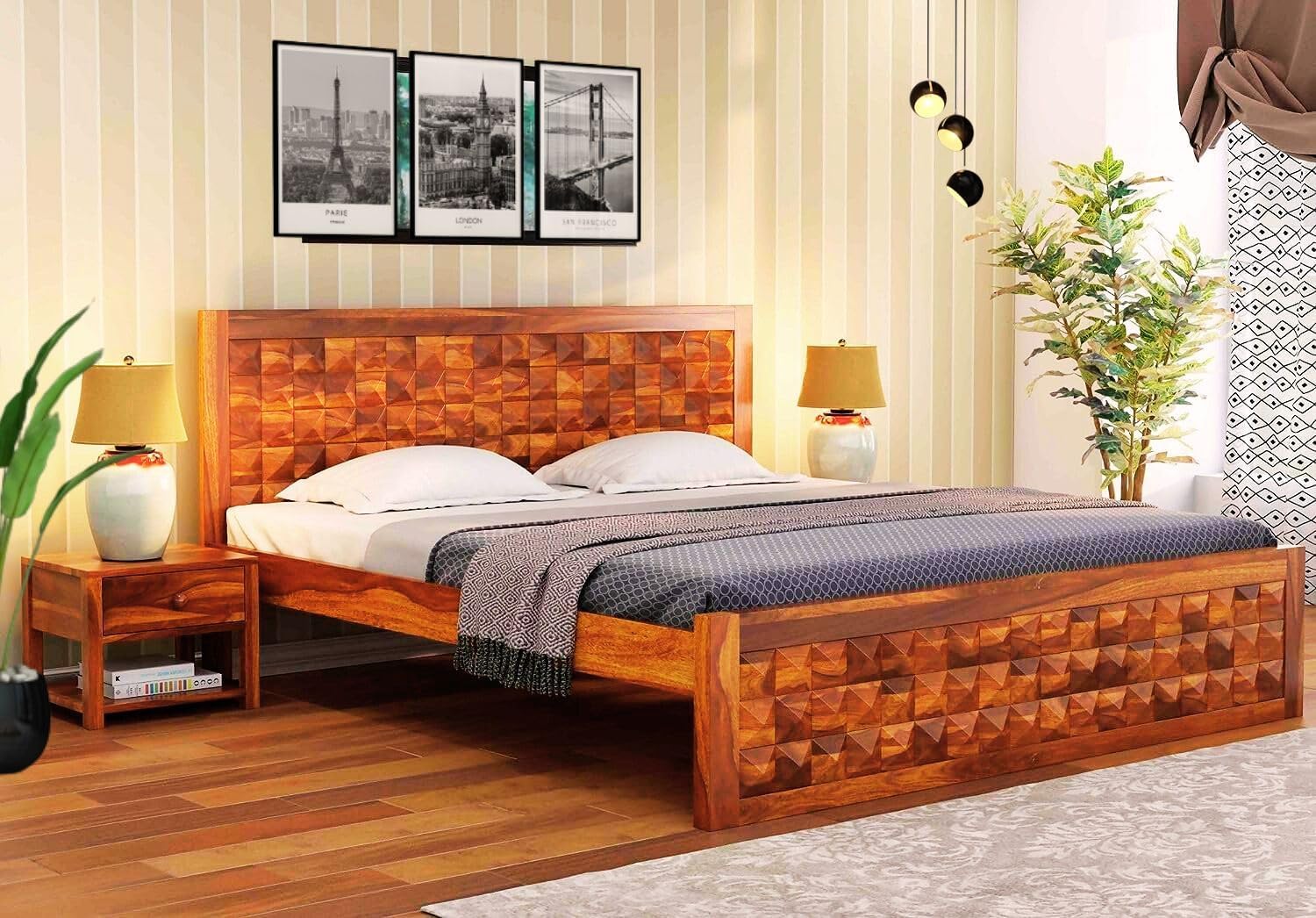 AMBICA WOODMART Sheesham Wood King Size Bed Without Storage Solid Wooden Cot Bed Double Bed ...