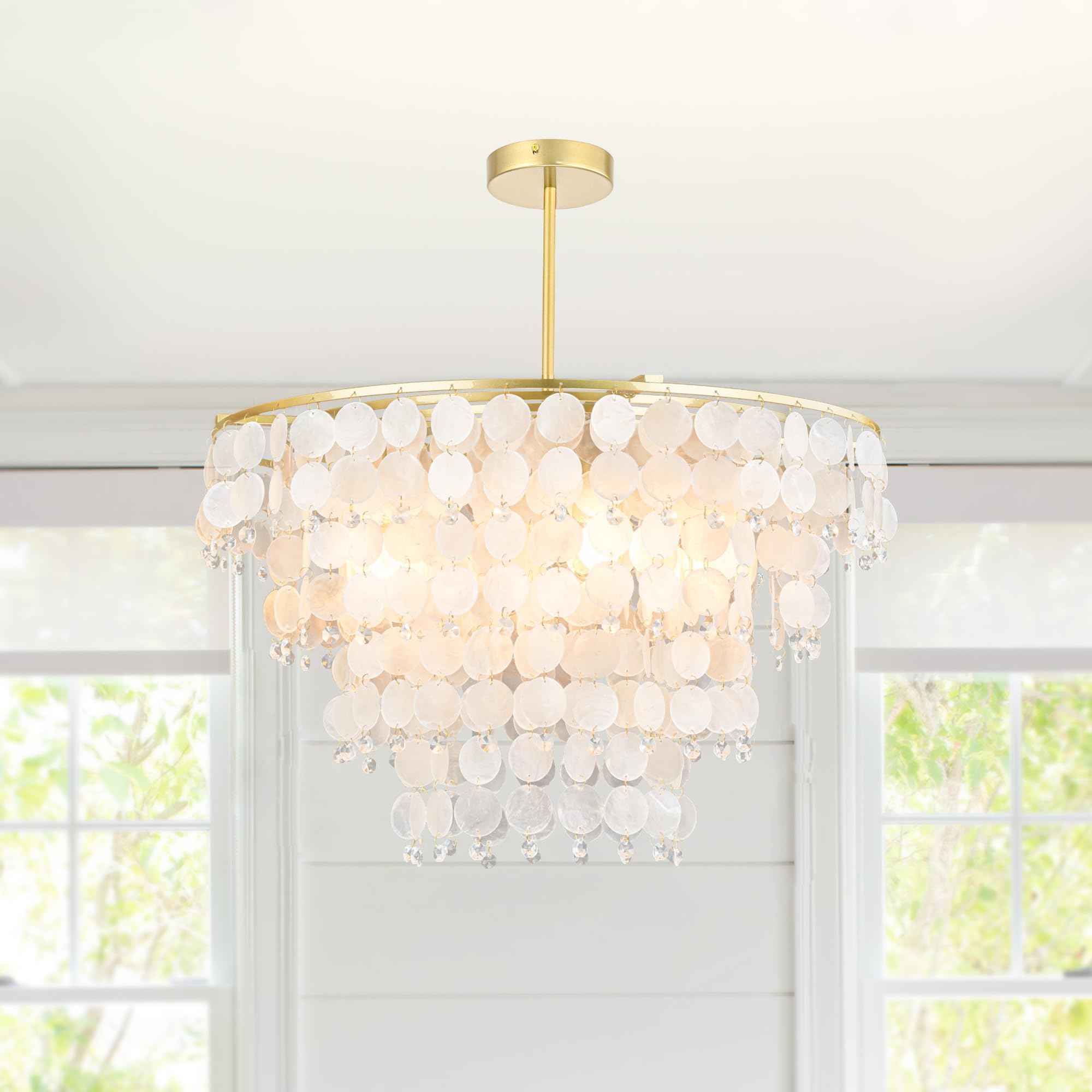 PUUPA 4 Lights Natural Capiz Shell Chandelier, Gold Coastal Modern ...
