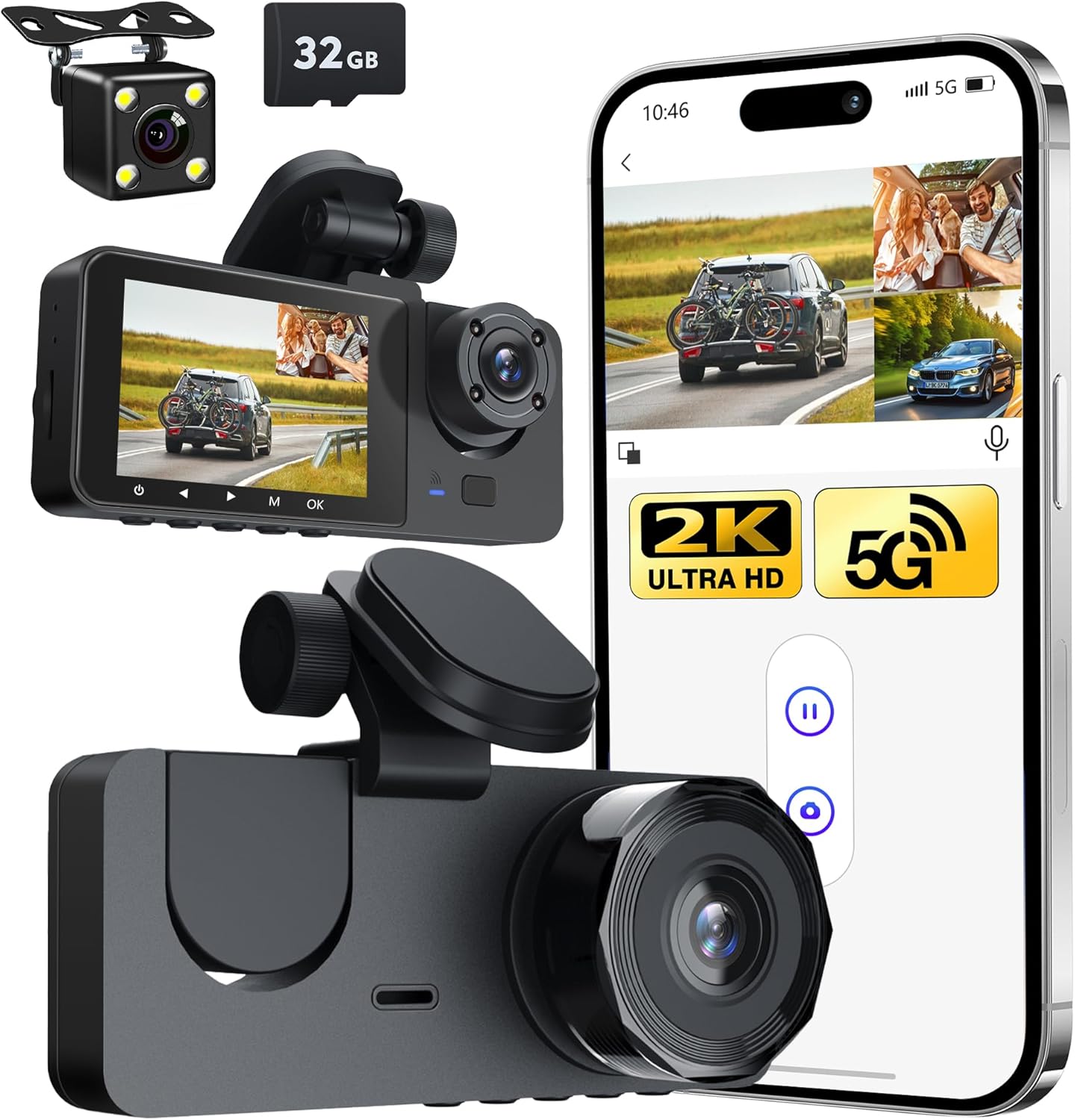 Amazon.com: 3 Channel Dash Cam, Dash Cam Front and Rear Inside 2K+1080P ...