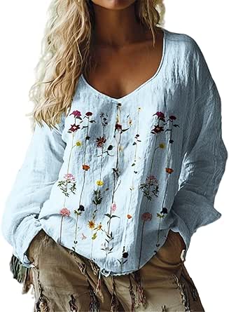 Amazon.com: Boho Tops for Women Long Sleeve Casual Flowy U-Neck Peasant ...