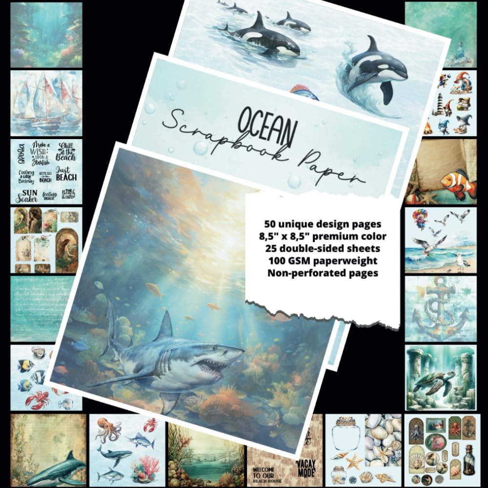 Ocean Scrapbook Paper: 50 Decorative Craft Pages, Under-The-Sea, Beach ...