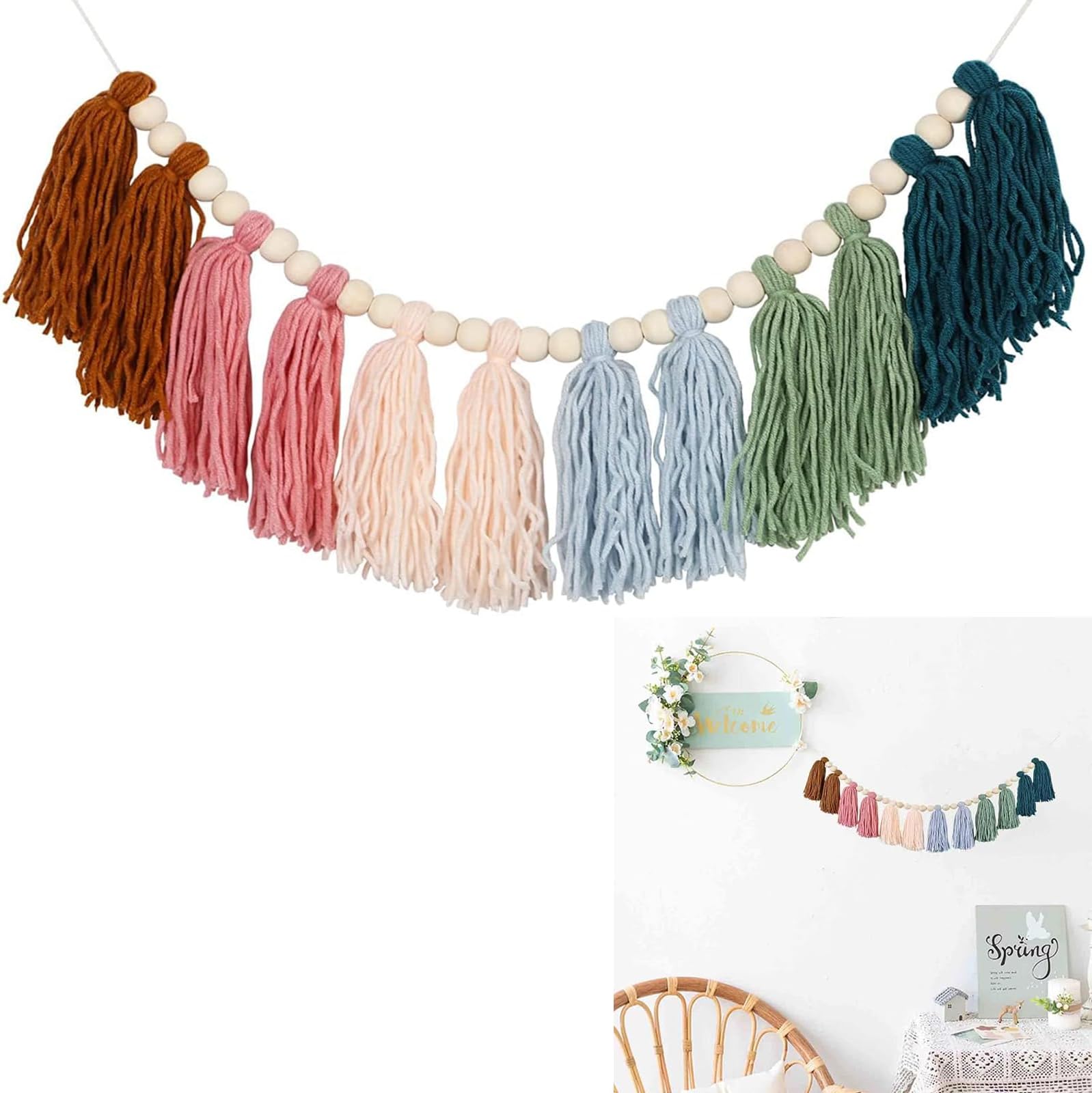 Rainbow Tassel Garland with Wood Beads, Colorful Tassel Banner, Chic ...
