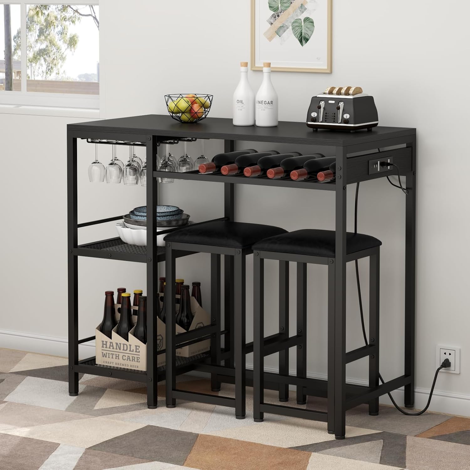 Amazon.com - Gyfimoie Bar Table and Chairs Set with Power Outlet, Pub ...