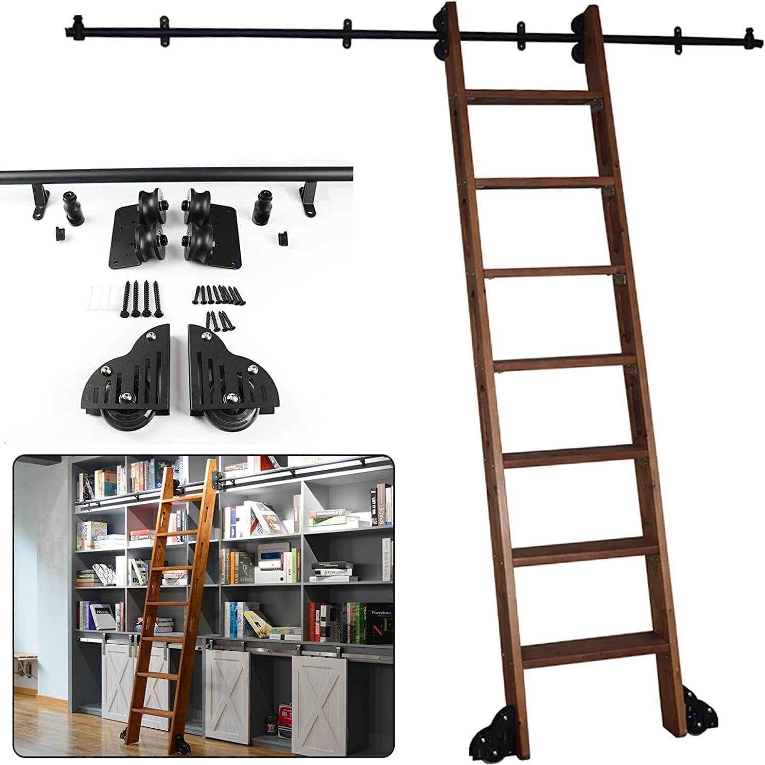 Qunine Library Sliding Ladder Hardware Kit | Round Tube Carbon Steel ...