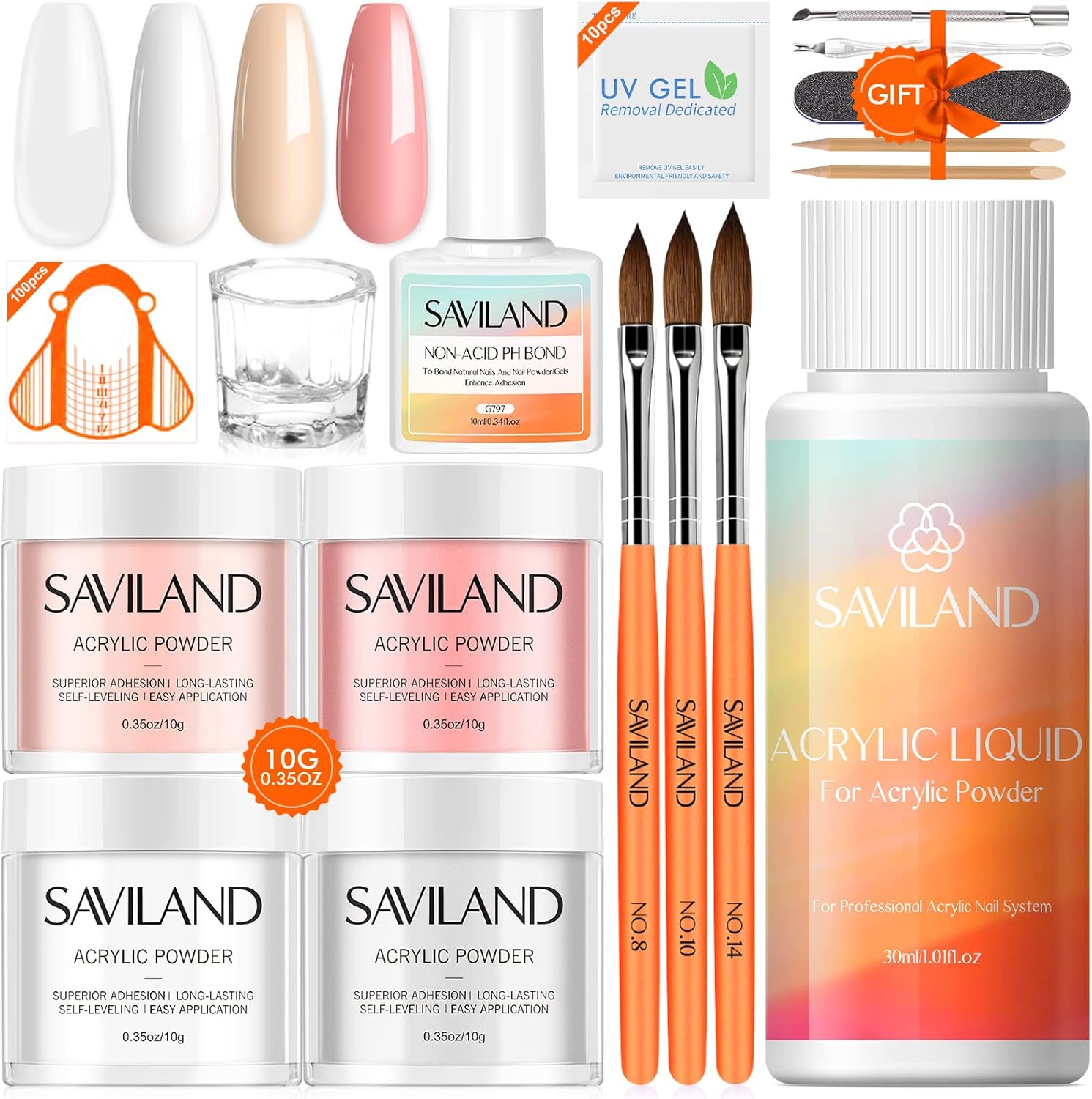 Saviland Acrylic Nail Kit: 4PCS Powder and Liquid Set with Brush ...