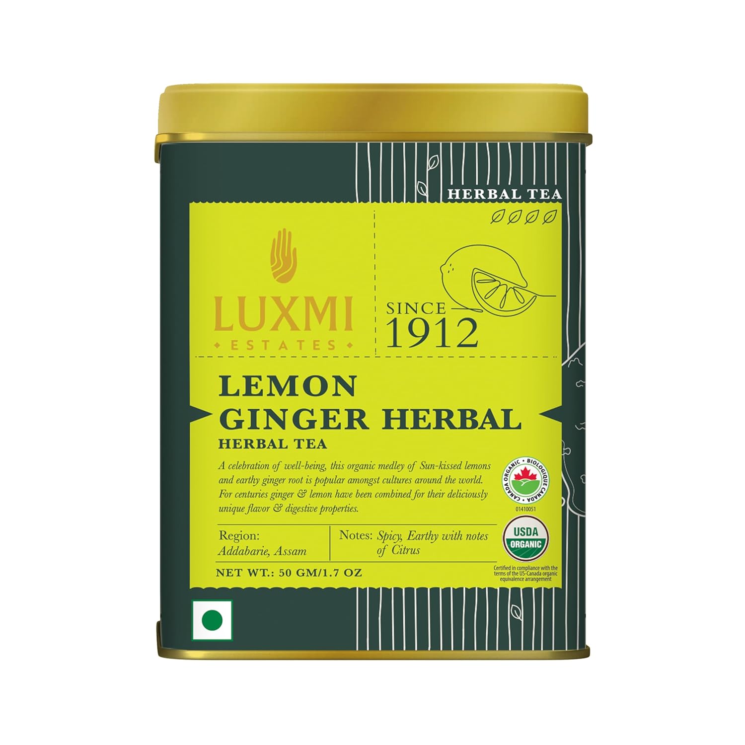 Luxmi Estates Lemon Ginger Root - 50gm Tin Loose Leaf | Certified ...
