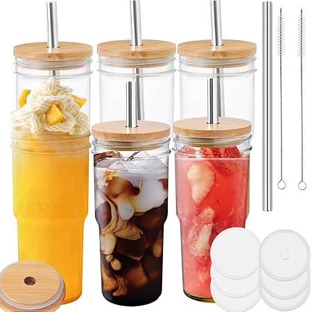 Amazon.com: ANOTION Colored Glass Cups with Lids and Straws - 24oz ...