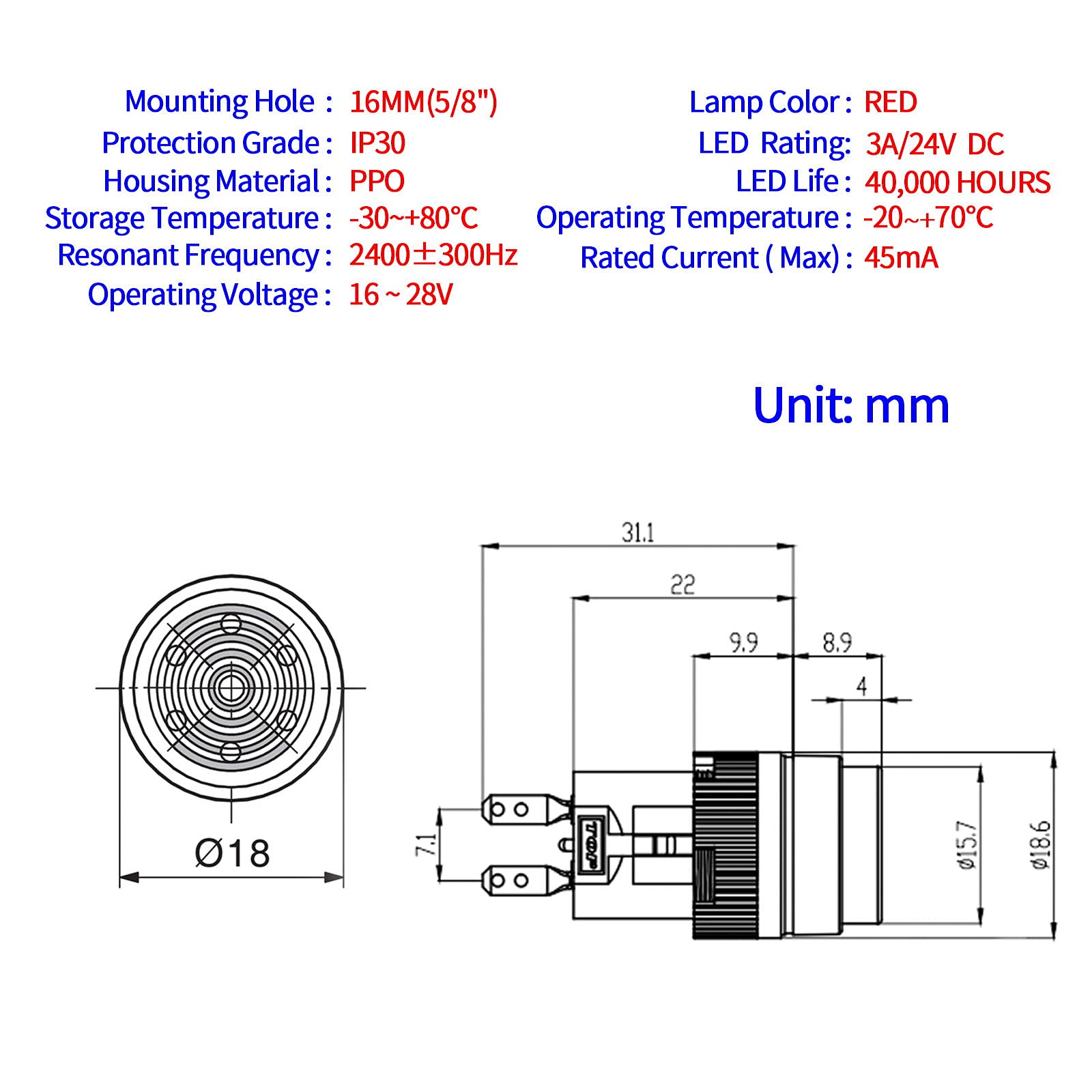 Snapklik.com : 16MM Buzzer Red Indicator Light Lamp 24VDC LED Red 5/8 ...
