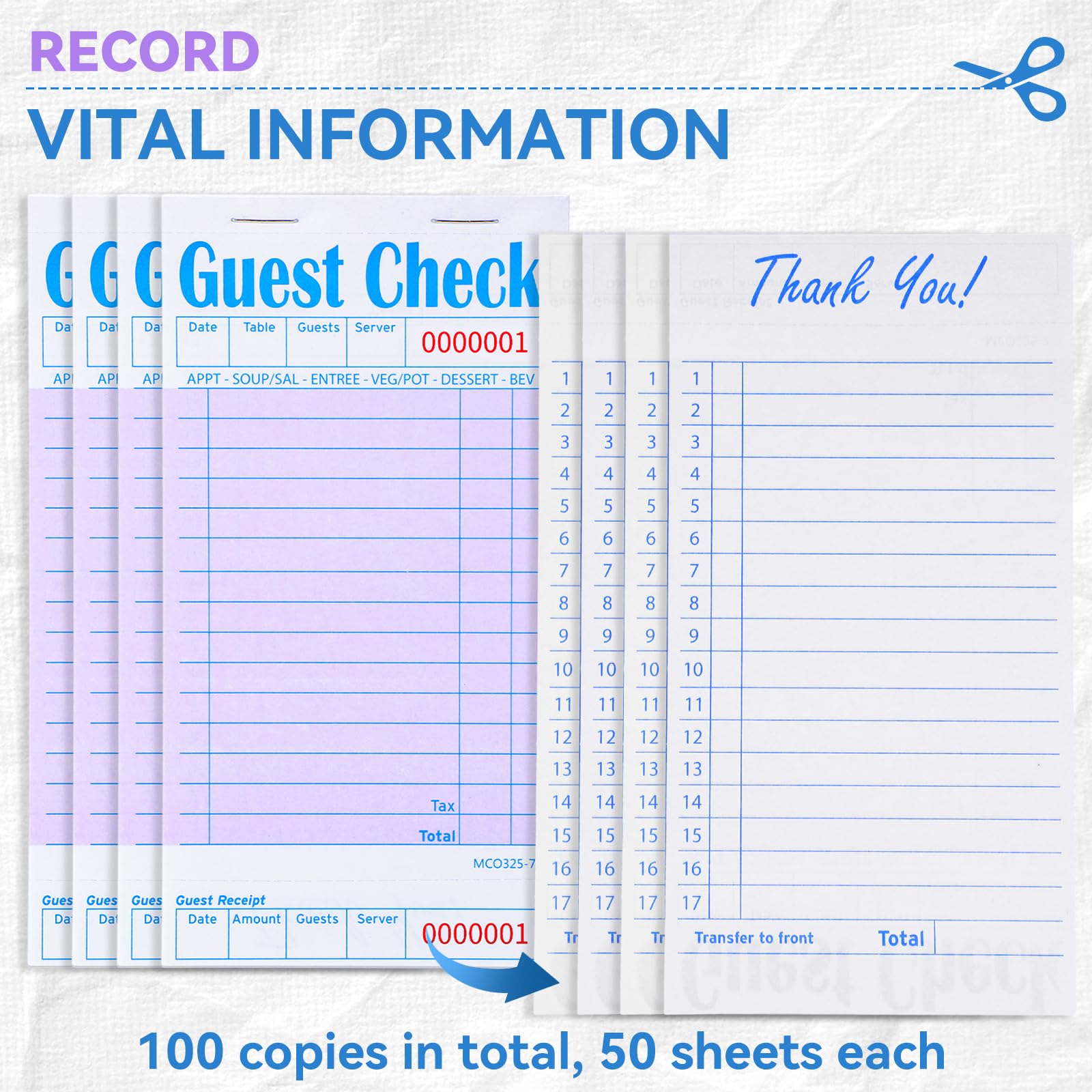 Server Pad 100-Pack Restaurant Guest Check Books - 50 Sheets Per Pad ...