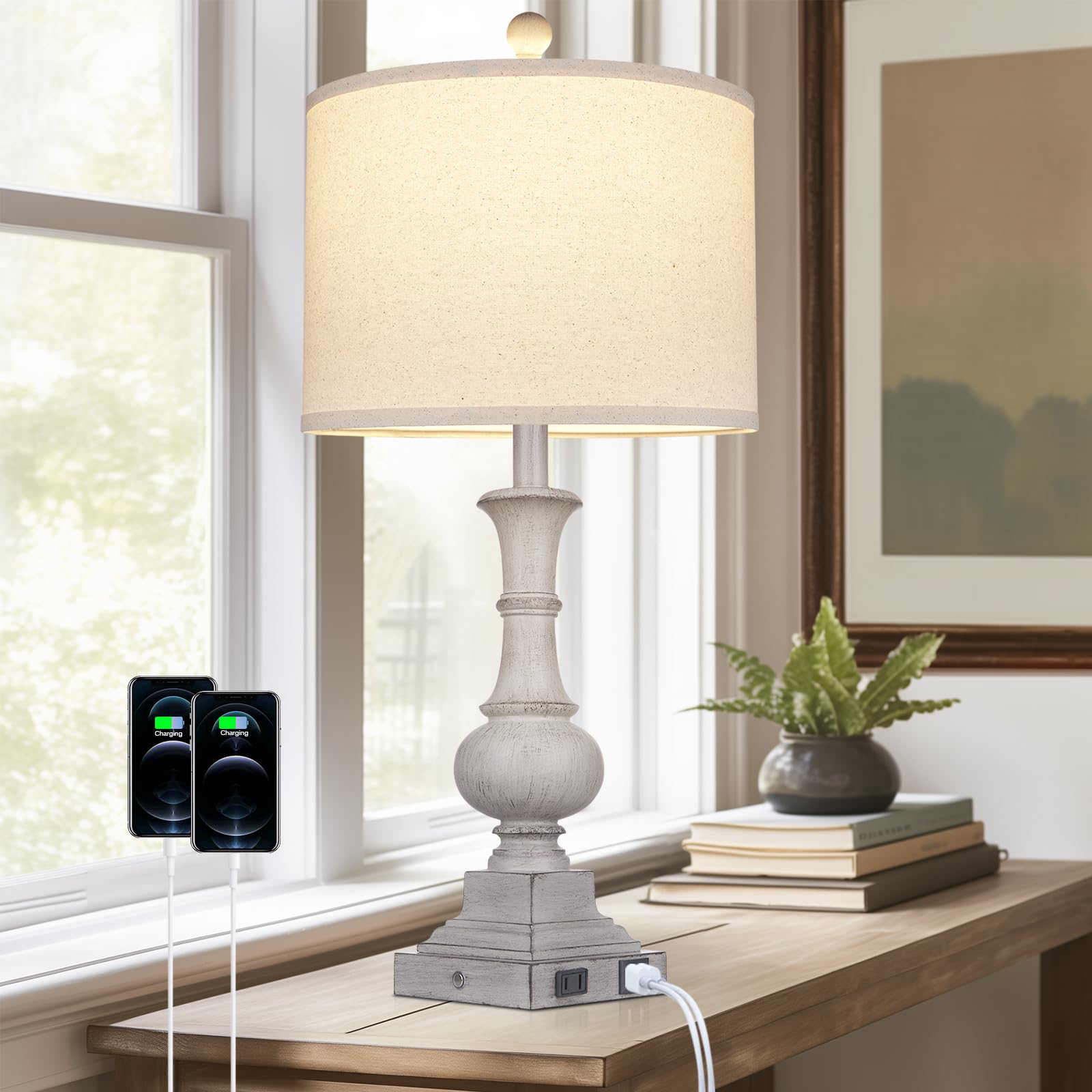 26" Farmhouse Lamp with 2 USB Ports & AC Outlet, Vintage Rustic Touch ...