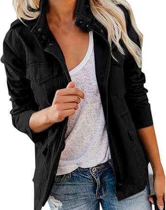 KIHFSODN Womens Cargo Jackets Outdoor Military Combat Cotton Casual ...