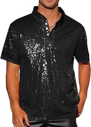Amazon.com: Men's Sequin Dress Shirt 70s Disco Glitter T-Shirt Sparkle ...