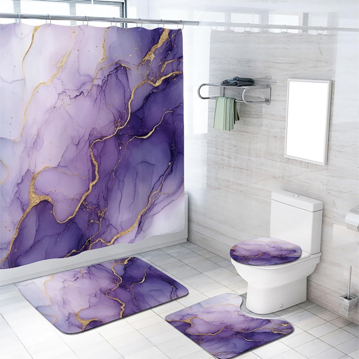Amazon.com: ERUNJLYS Purple Gloden Marble Shower Curtain Sets Modern ...