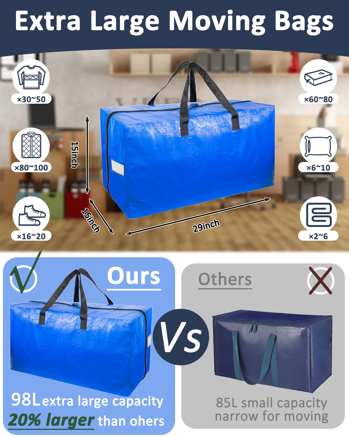 Waterproof Moving Bags With Handles 8 Pack Extra Large Heavy Duty ...