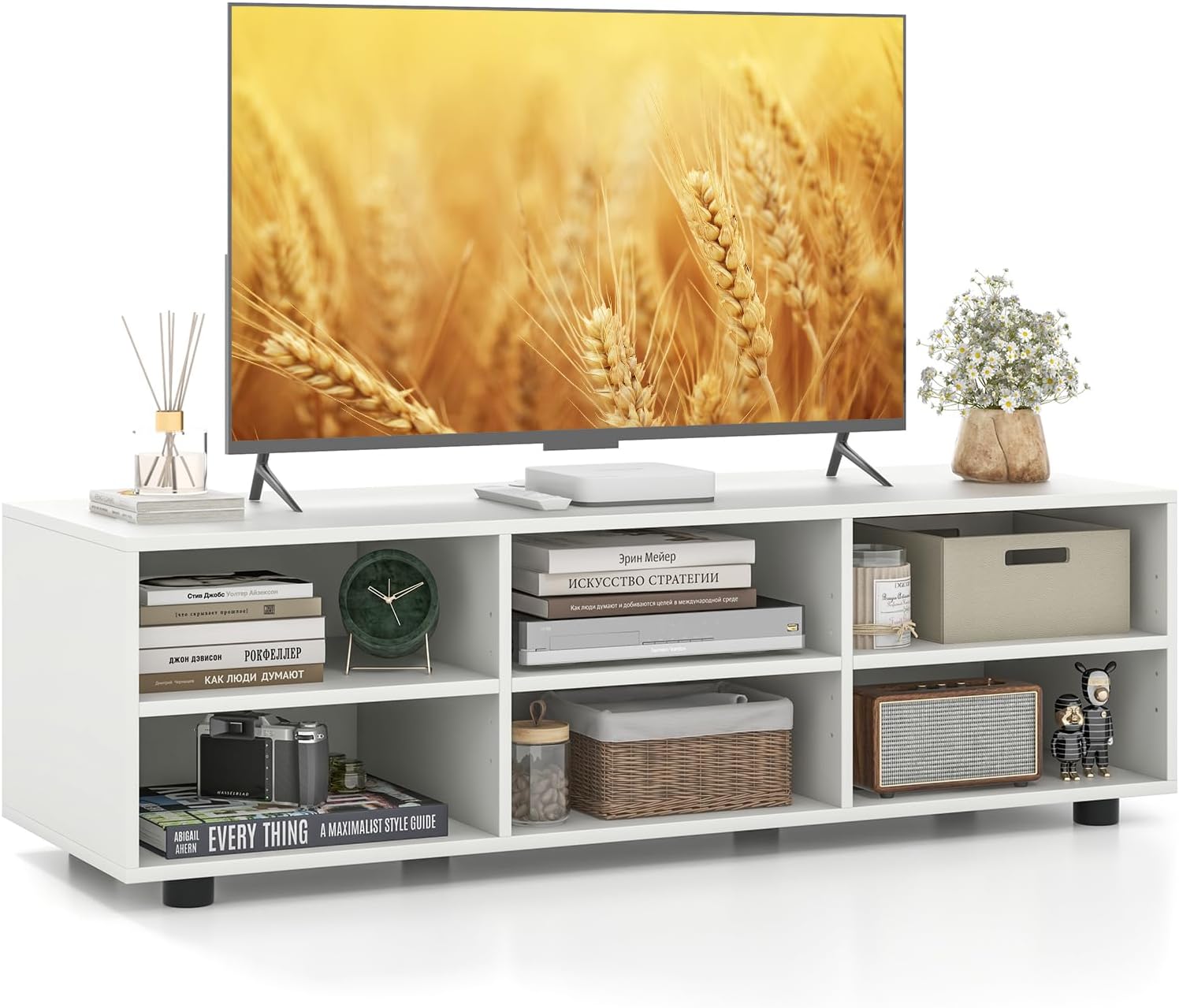 Tangkula White TV Stand for TV up to 55 Inch, TV Console Table with 6 ...