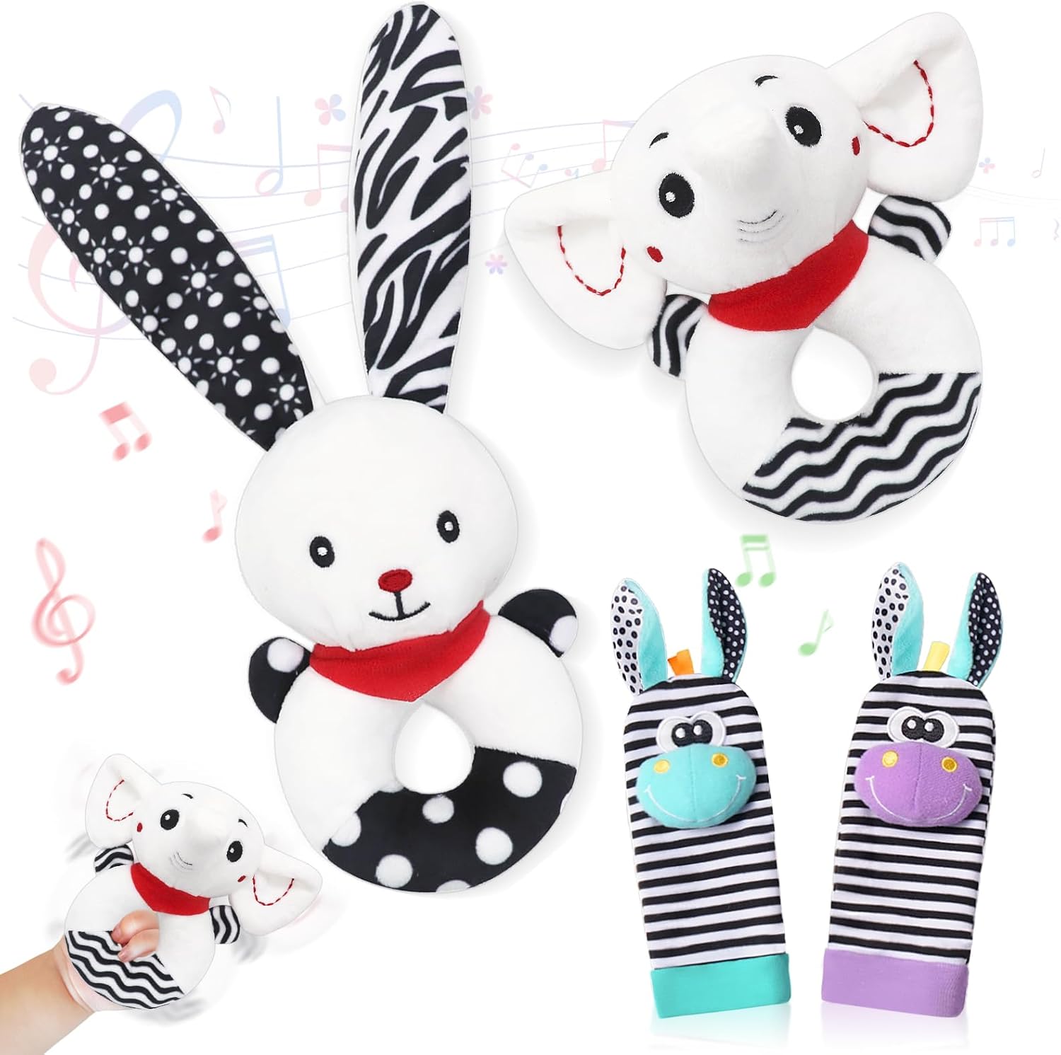 Plush Animal Rattle Toys Set, 2 Pack Black and White Soft Infant Rattle ...