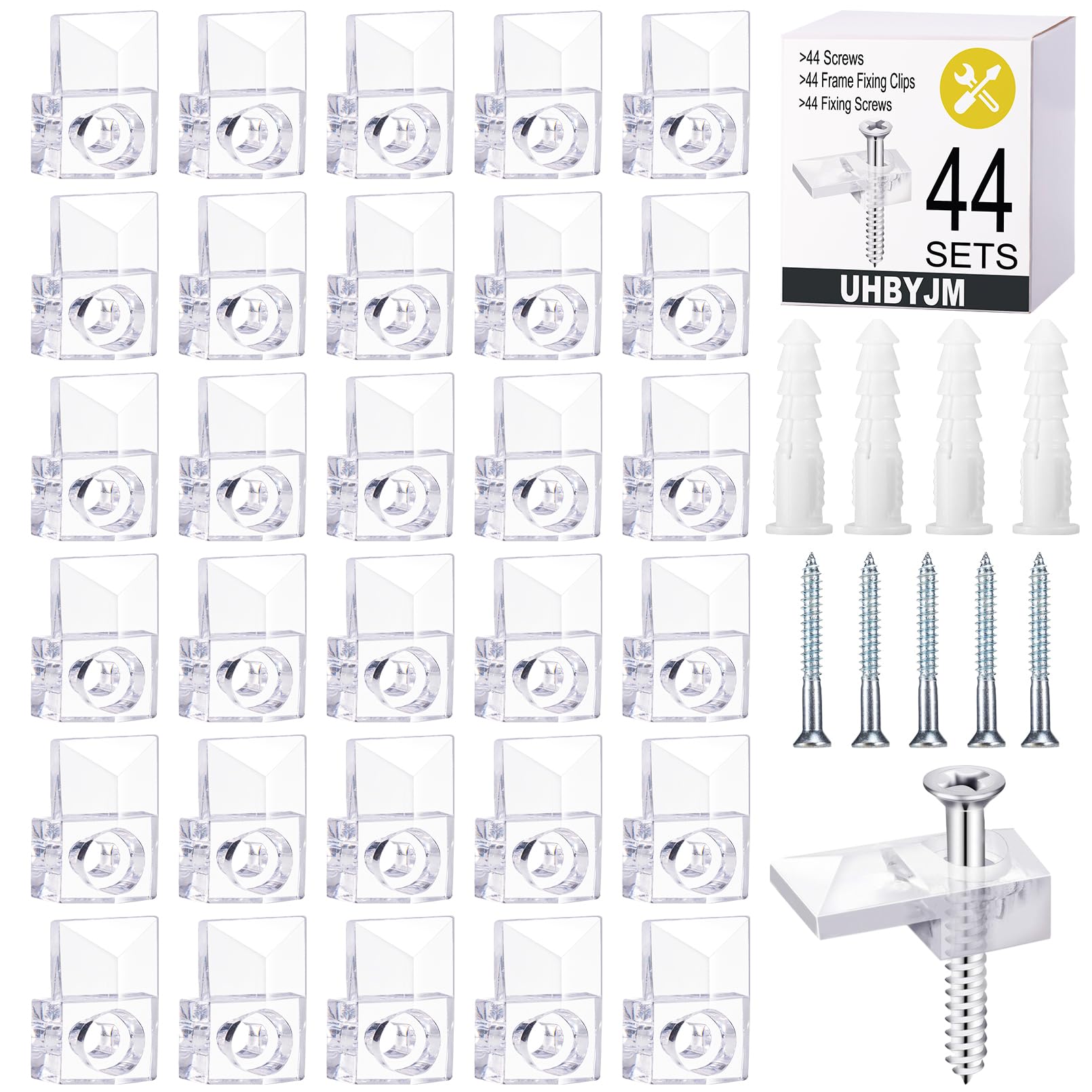 UHBYJM Mirror Holder Clips,44 Sets Clear Plastic Mirror Hanging Kit ...