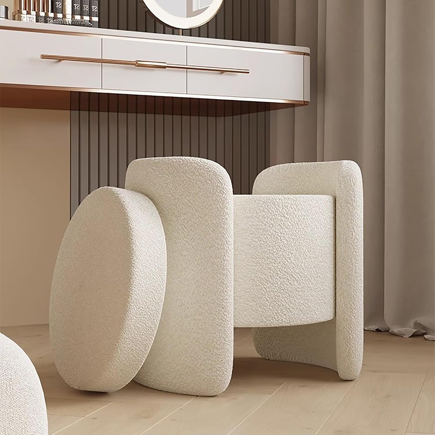 Faux Fur Vanity Stool with Storage - Modern Boucle Upholstered Ottoman ...