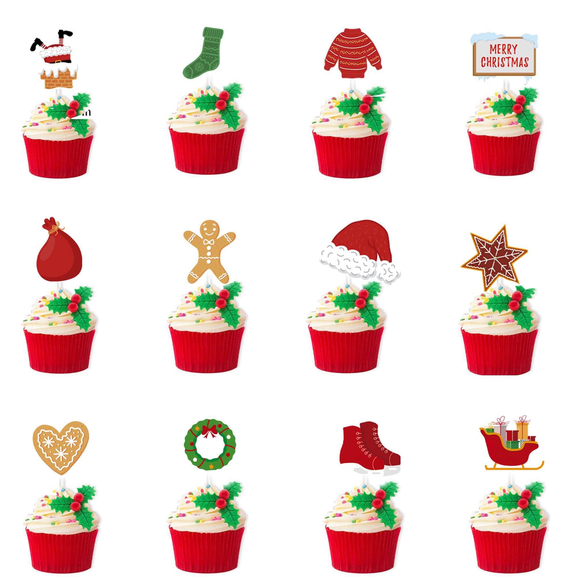 Amazon.com: 24 PCS christmas Cupcake Toppers for christmas party ...