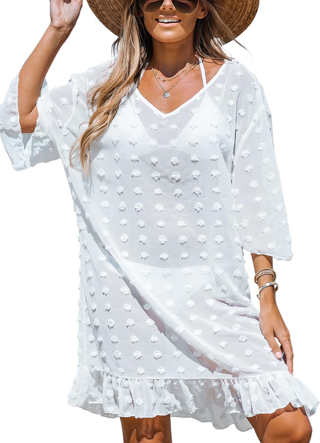 CUPSHE Women Swiss Dot Sheer Cover-Up Dress Short Sleeves Sexy Beach ...